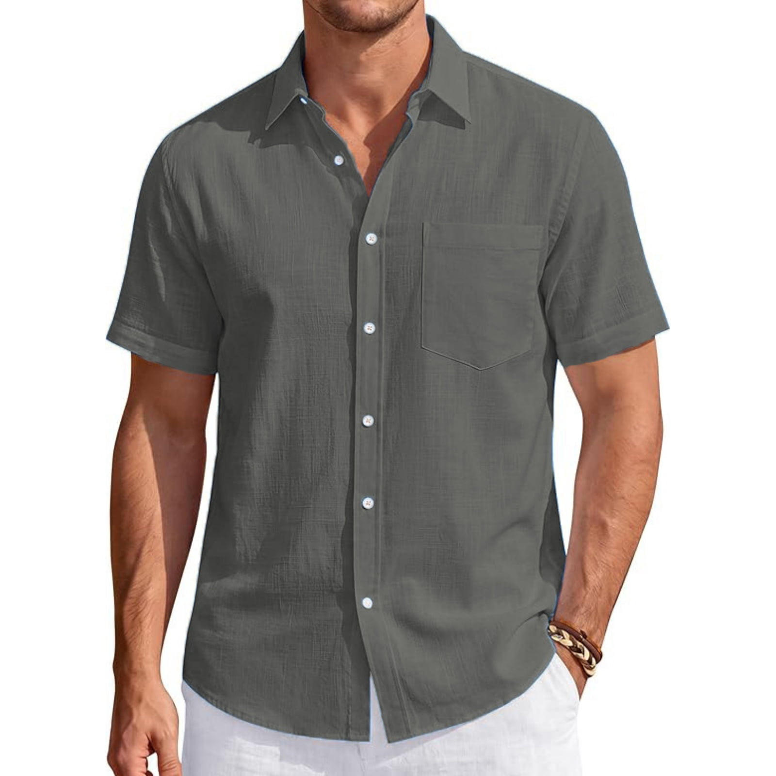 Men's Short Sleeve Button Down Shirt Casual Linen Blend Lightweight ...