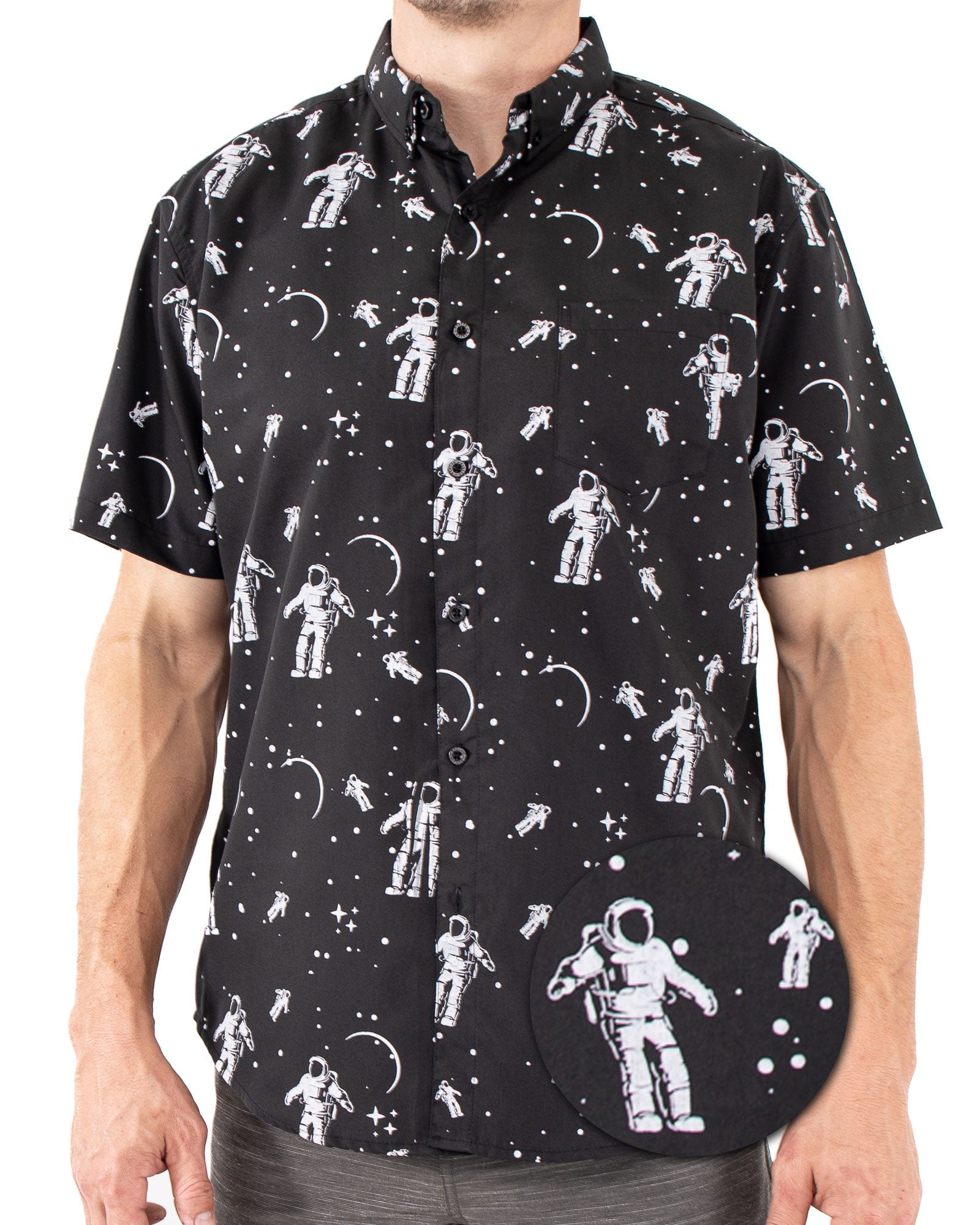 Men’s Short Sleeve Button Down Shirt – Moonman Space Print – Casual ...