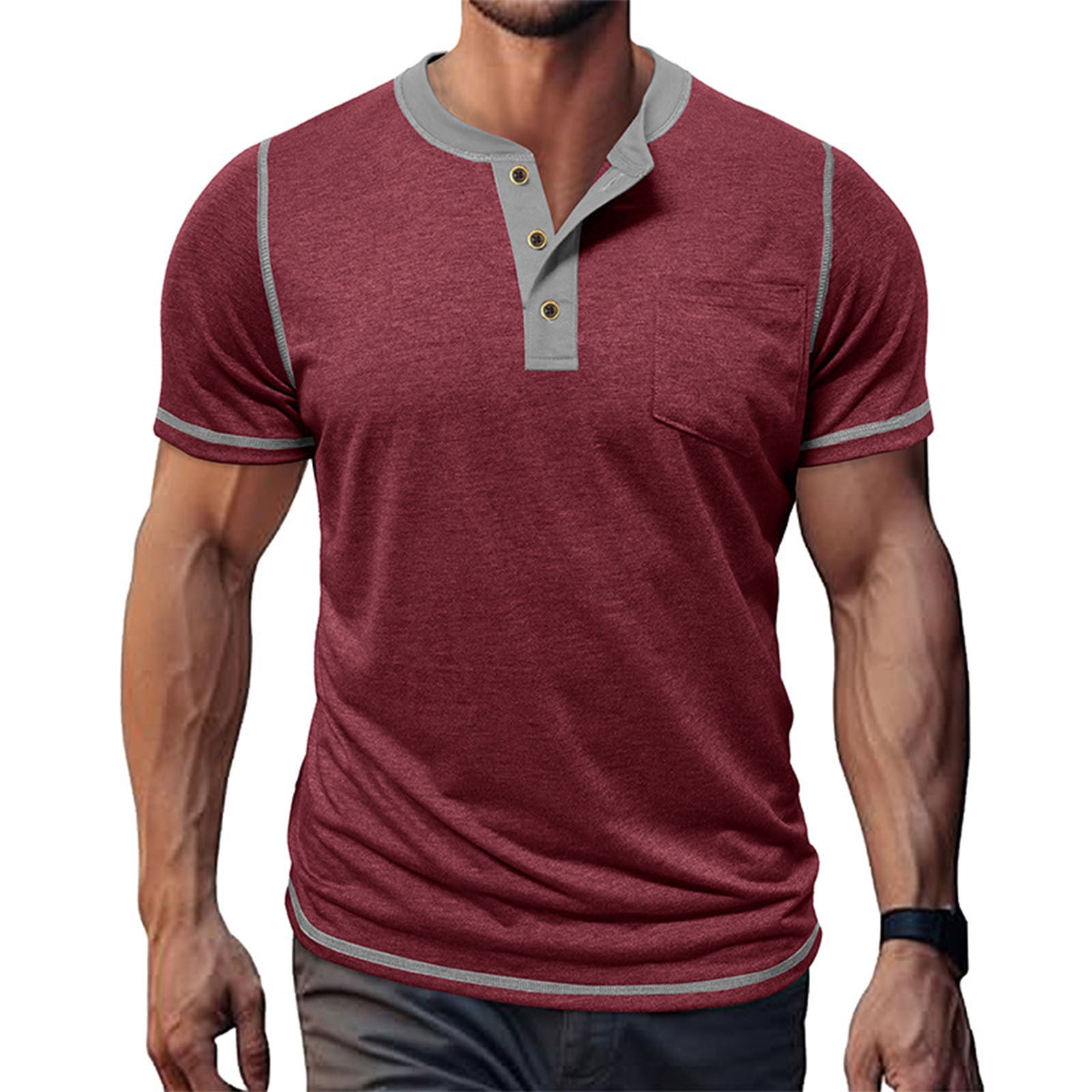 Men's Short Sleeve Button Down Shirt with Vintage Style and Round Neck ...