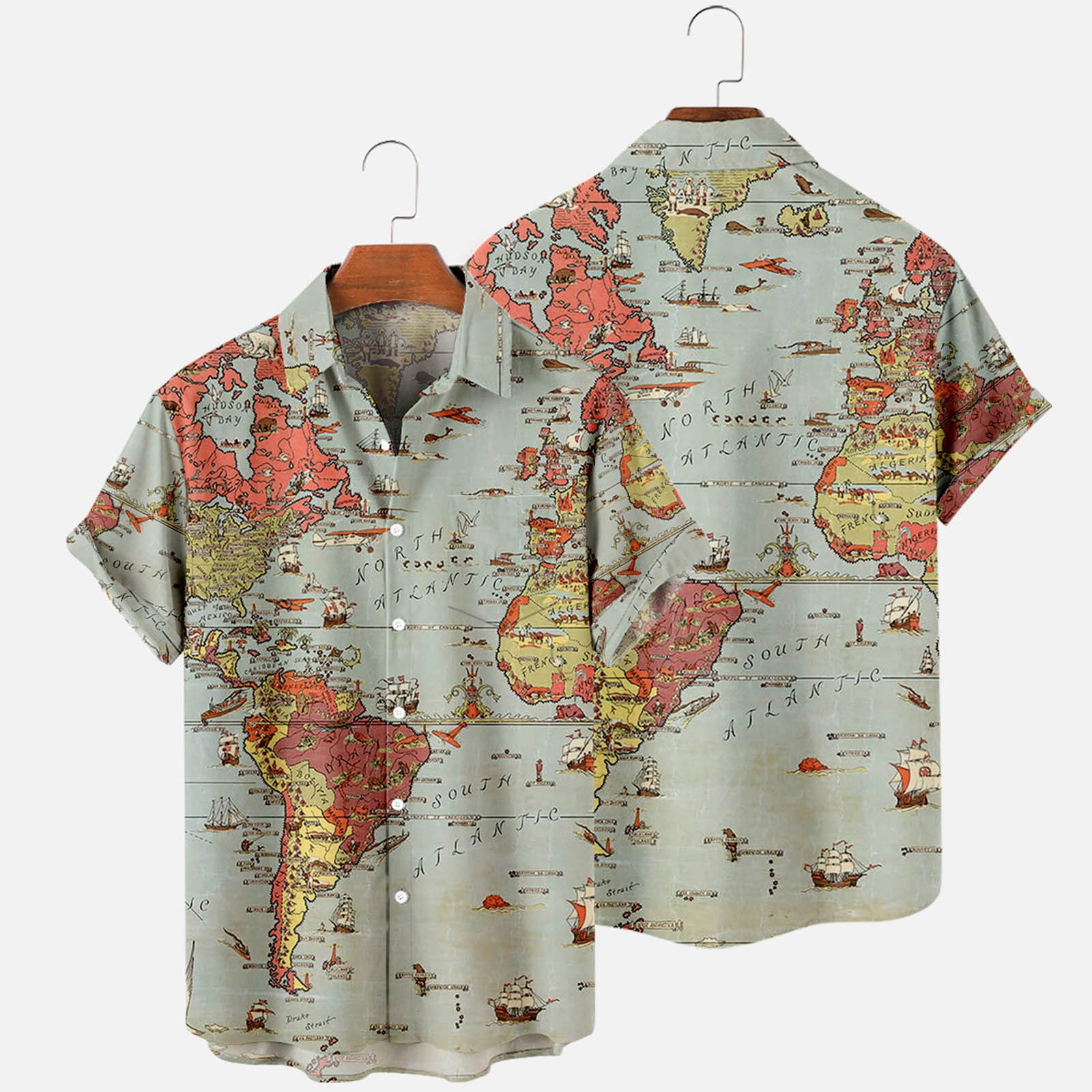 Men's Short Sleeve Buttton Down Tshirt World Map Print Hawaiian Shirts ...