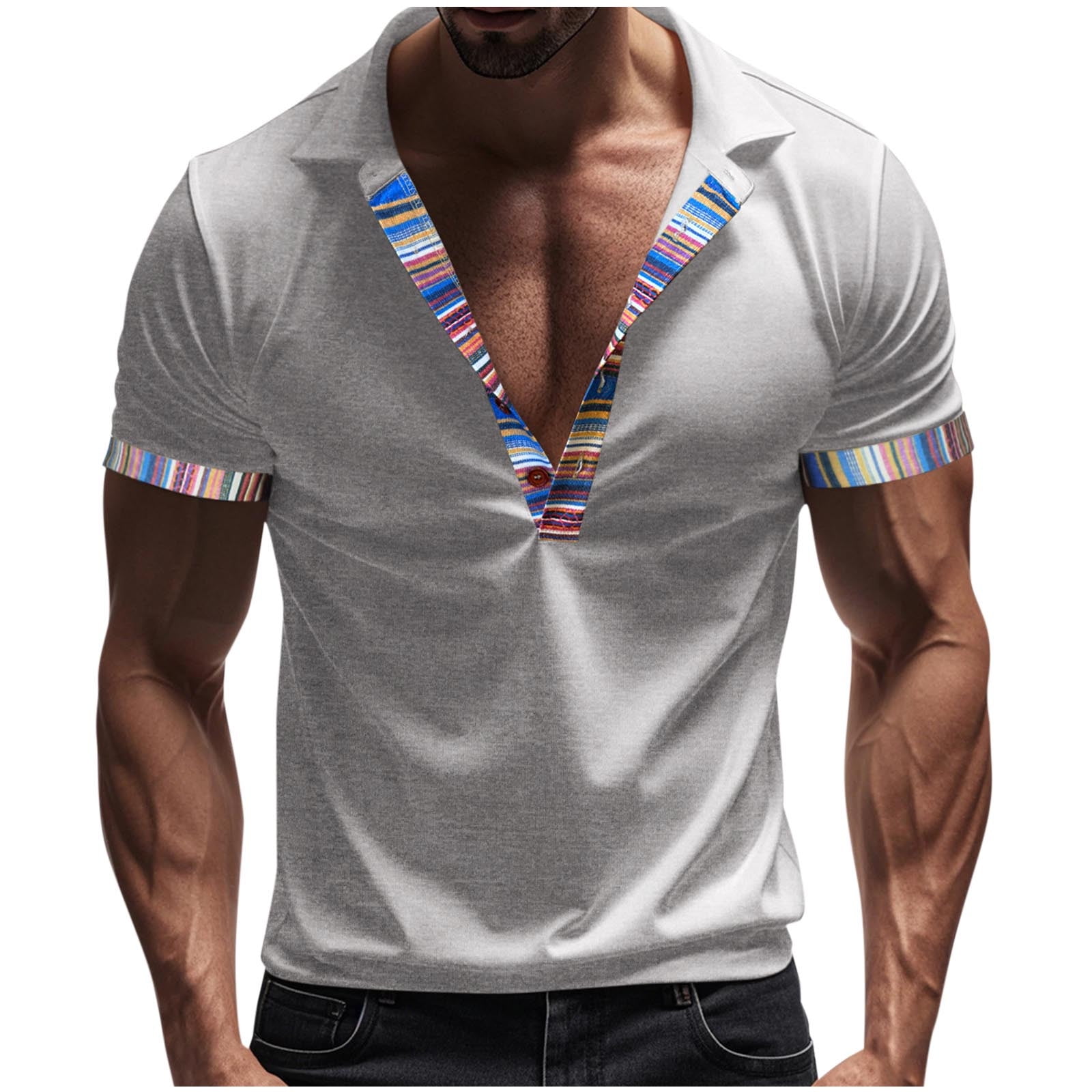 Men's Short Sleeve Casual Shirt, Pullover Turn-Down Collar Patchwork ...