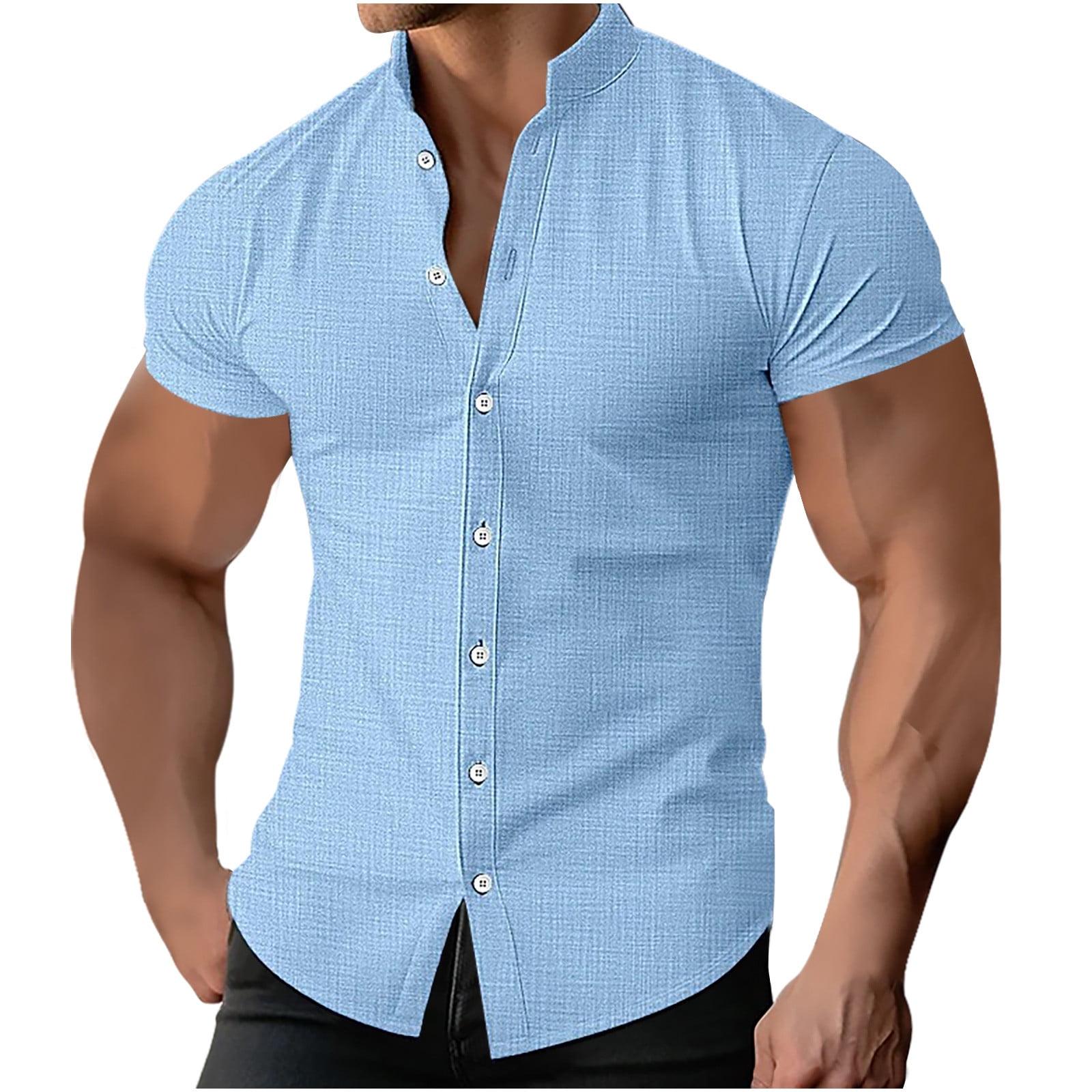 Men's Short Sleeve Cotton Linen Shirt Pluse Size Muscle Fit Casual ...
