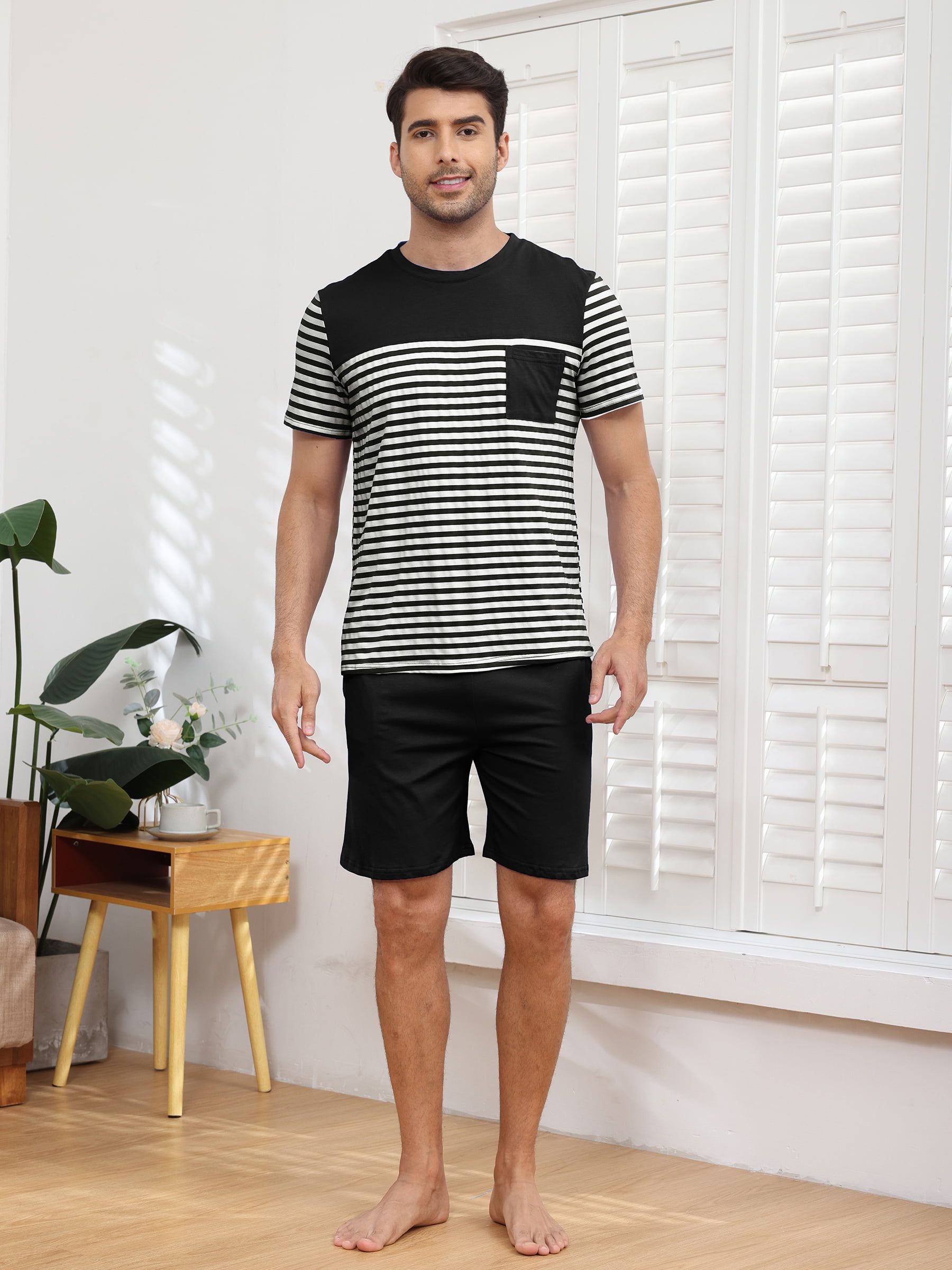 Men's Short Sleeve Pajama Sets 2 Pieces Men Cotton Pajamas Sets with ...