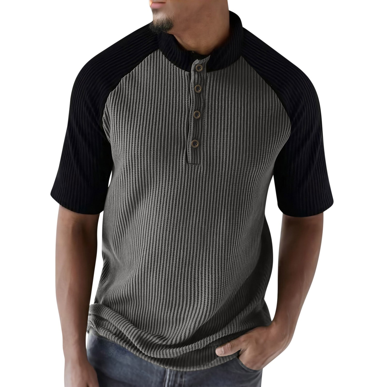 Men's Short Sleeve Shirt, Casual Raglan Sleeve Color Block Top, Stand ...