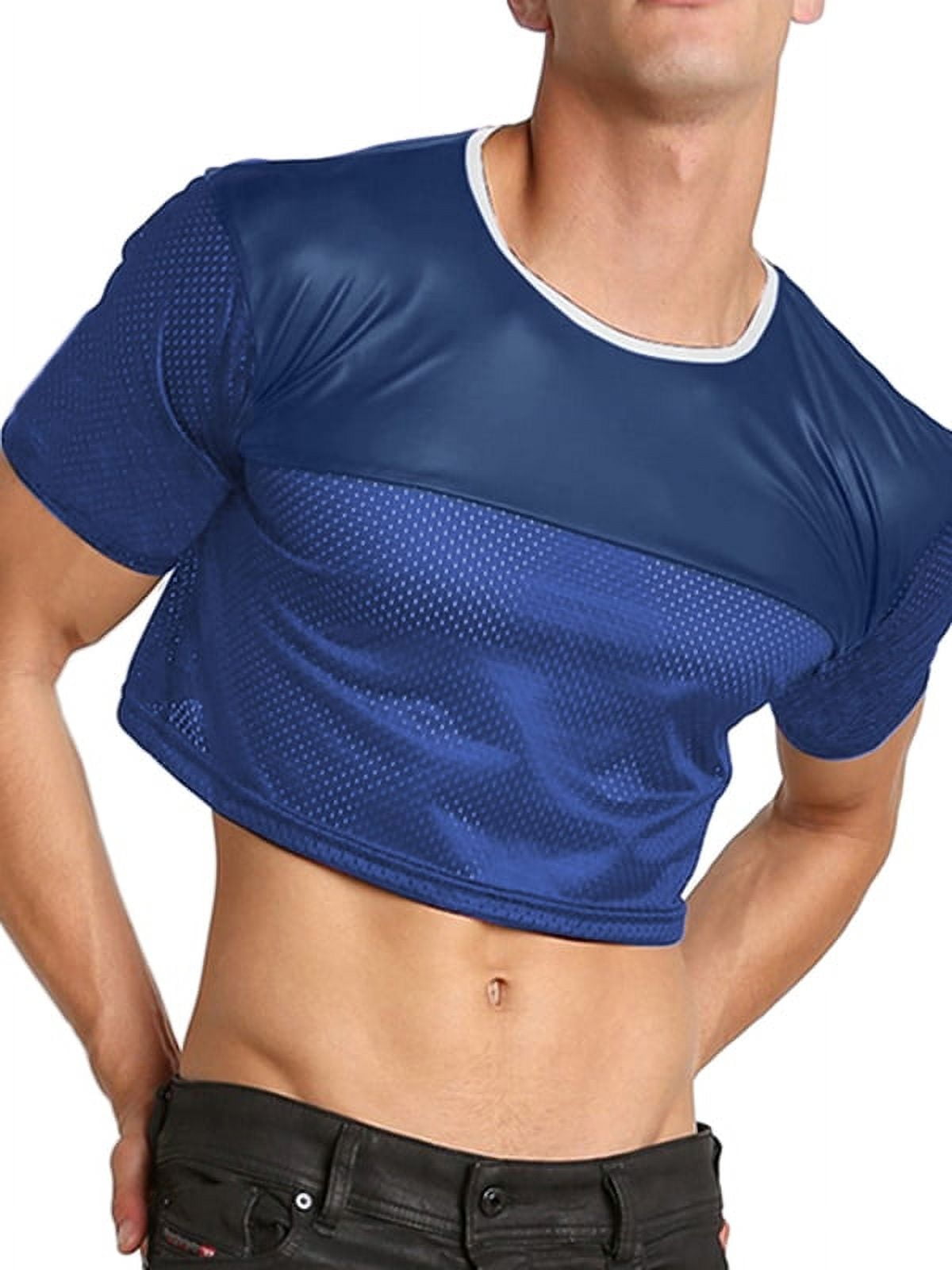 Men's Short Sleeve Shirts Patchwork Leather Mesh Summer Crop Tops ...