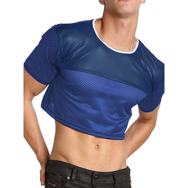 Men's Short Sleeve Shirts Patchwork Leather Mesh Summer Crop Tops ...