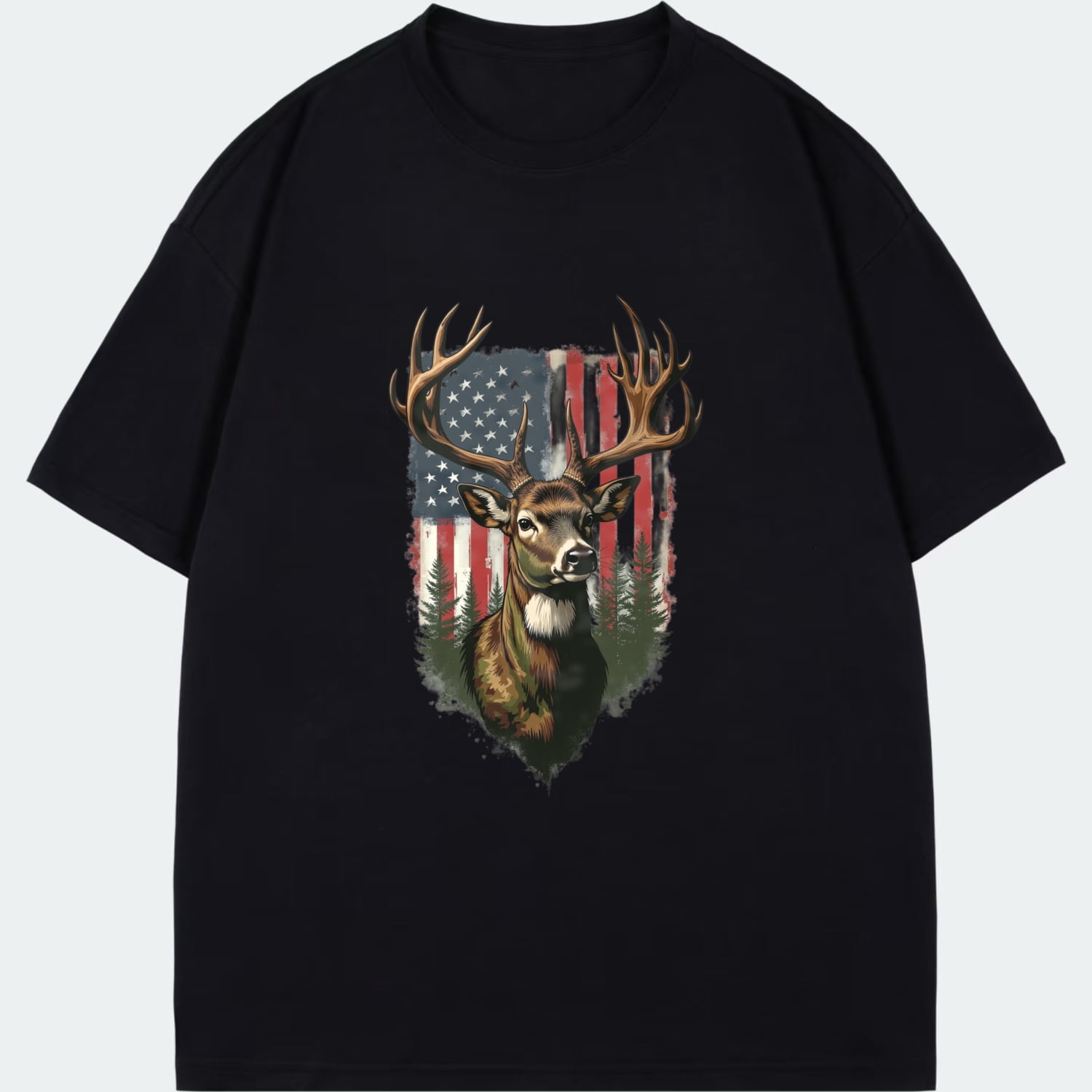 Men's Short Sleeve T-Shirt Black Deer With American Flag And Forest ...