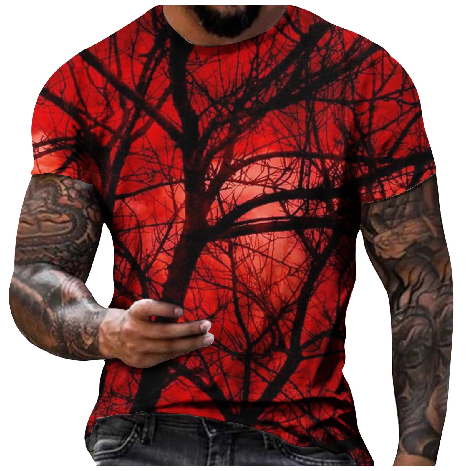 Men's Short Sleeve T-Shirt Novelty 3D Scary Forest Moon Graphics Tee ...