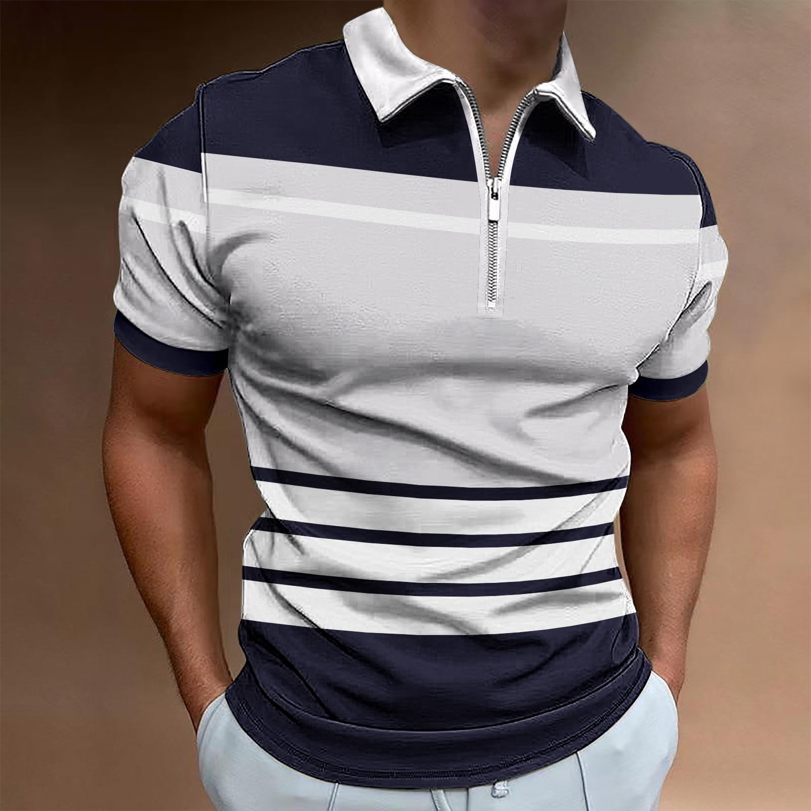 Men's Short Sleeve Zipper Polo Shirt Color Blocking Tops - Walmart.com