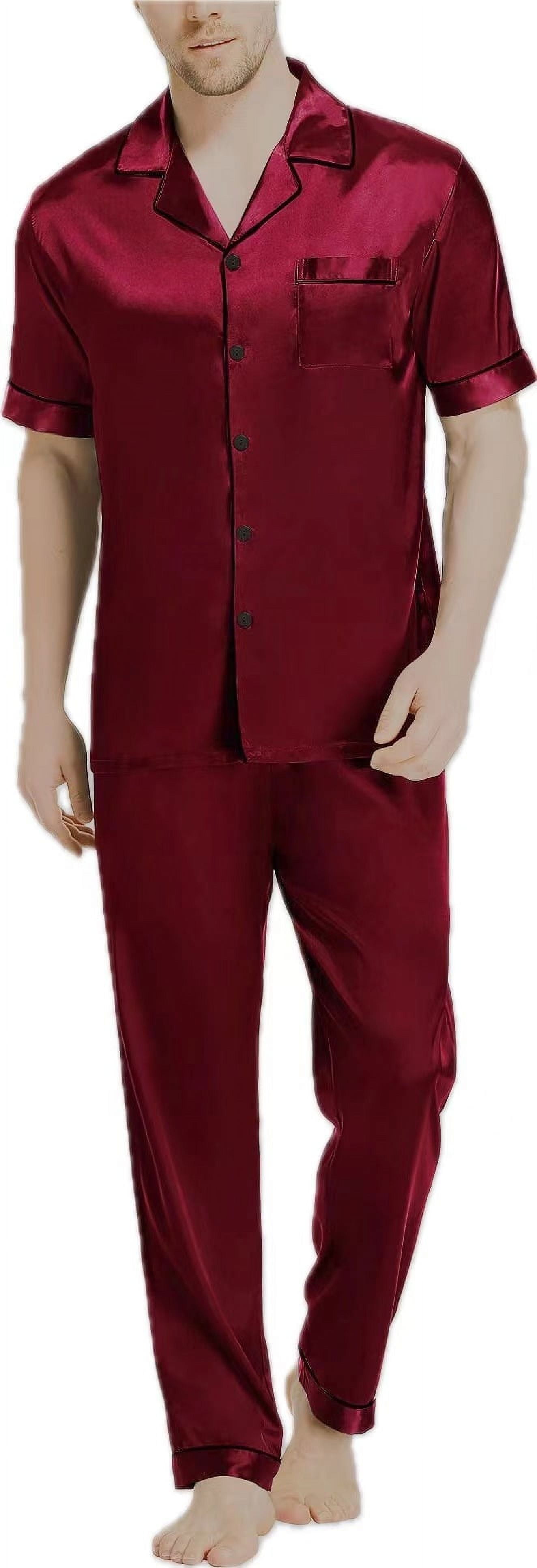 Men's Silk Satin Pajama Set Short Sleeve Classic Sleepwear Button Down ...