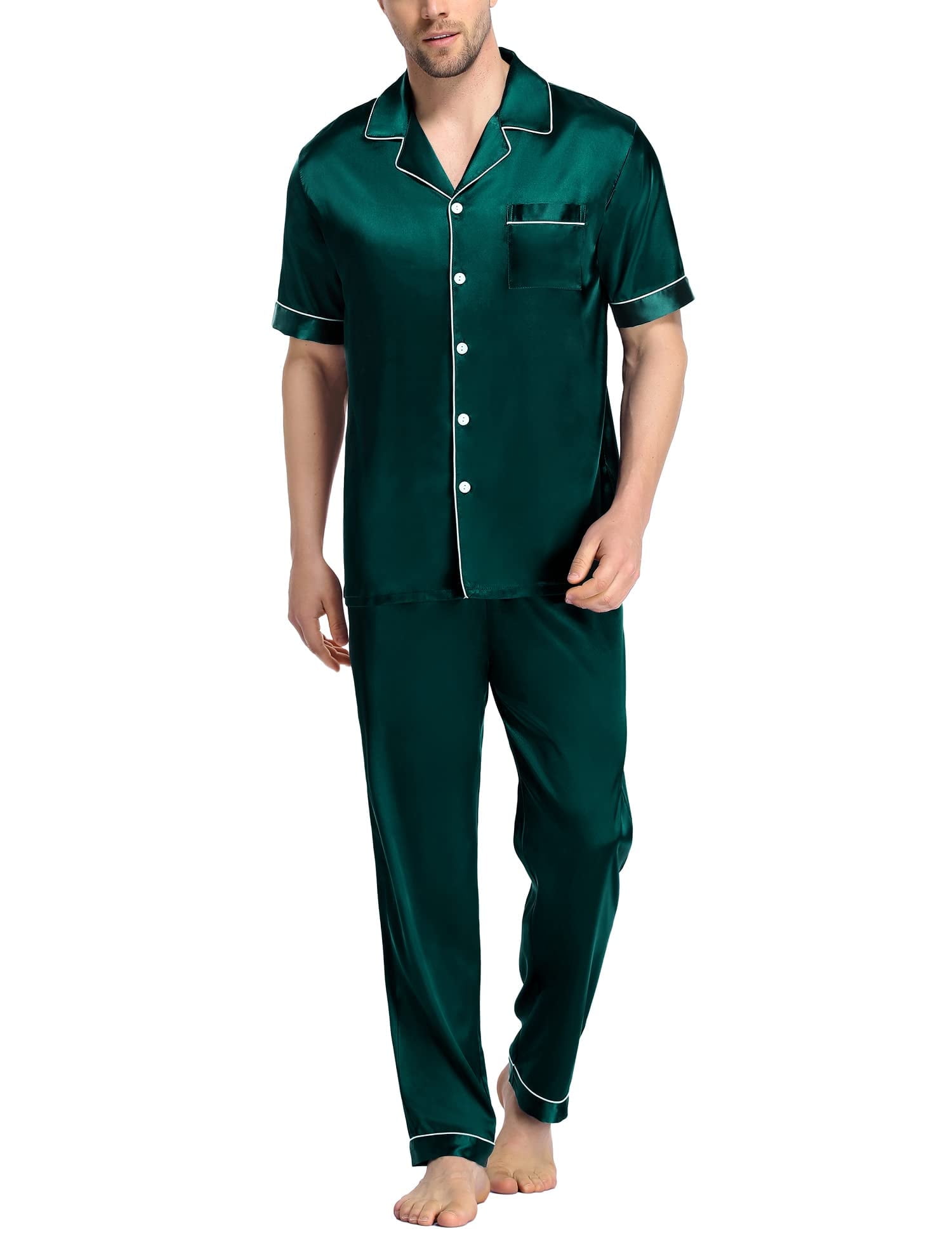 Men's Silk Satin Pajama Set Short Sleeve Classic Sleepwear Button Down ...