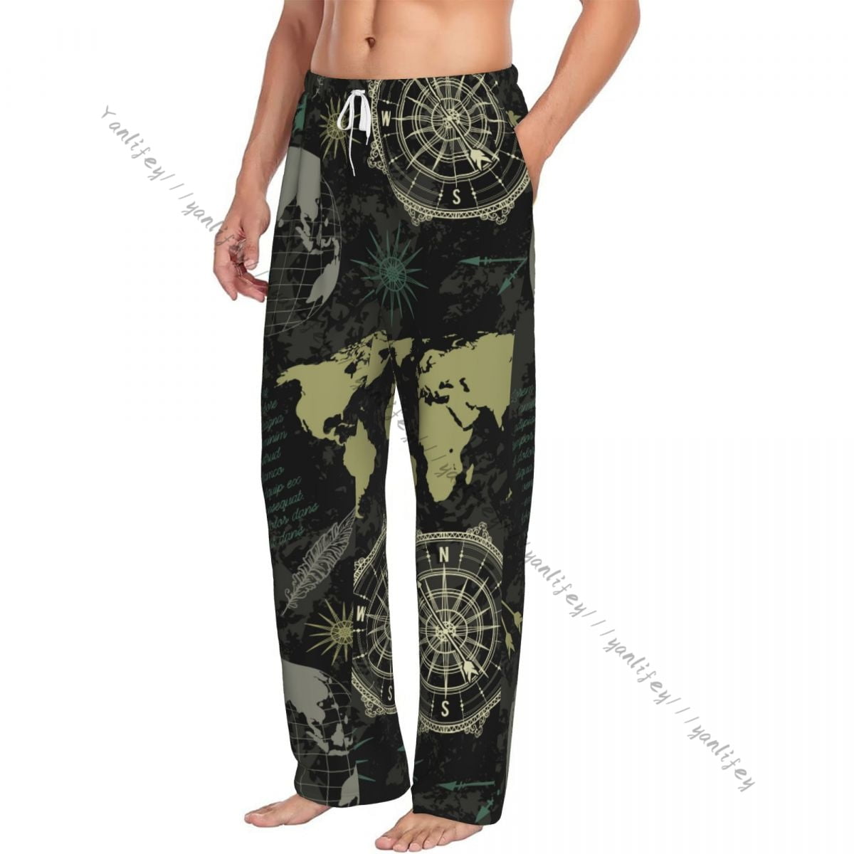Men's Sleepwear Loose Sleep Pants Pajamas Vintage Compass World Map And Wind Rose Long Lounge ...