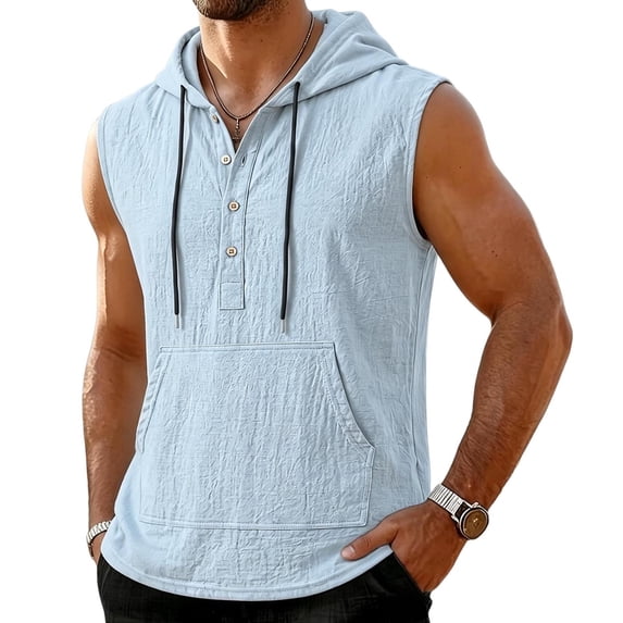 Men's Sleeveless Hoodie Pullover Drawstring Button Solid Color Tank Top ...