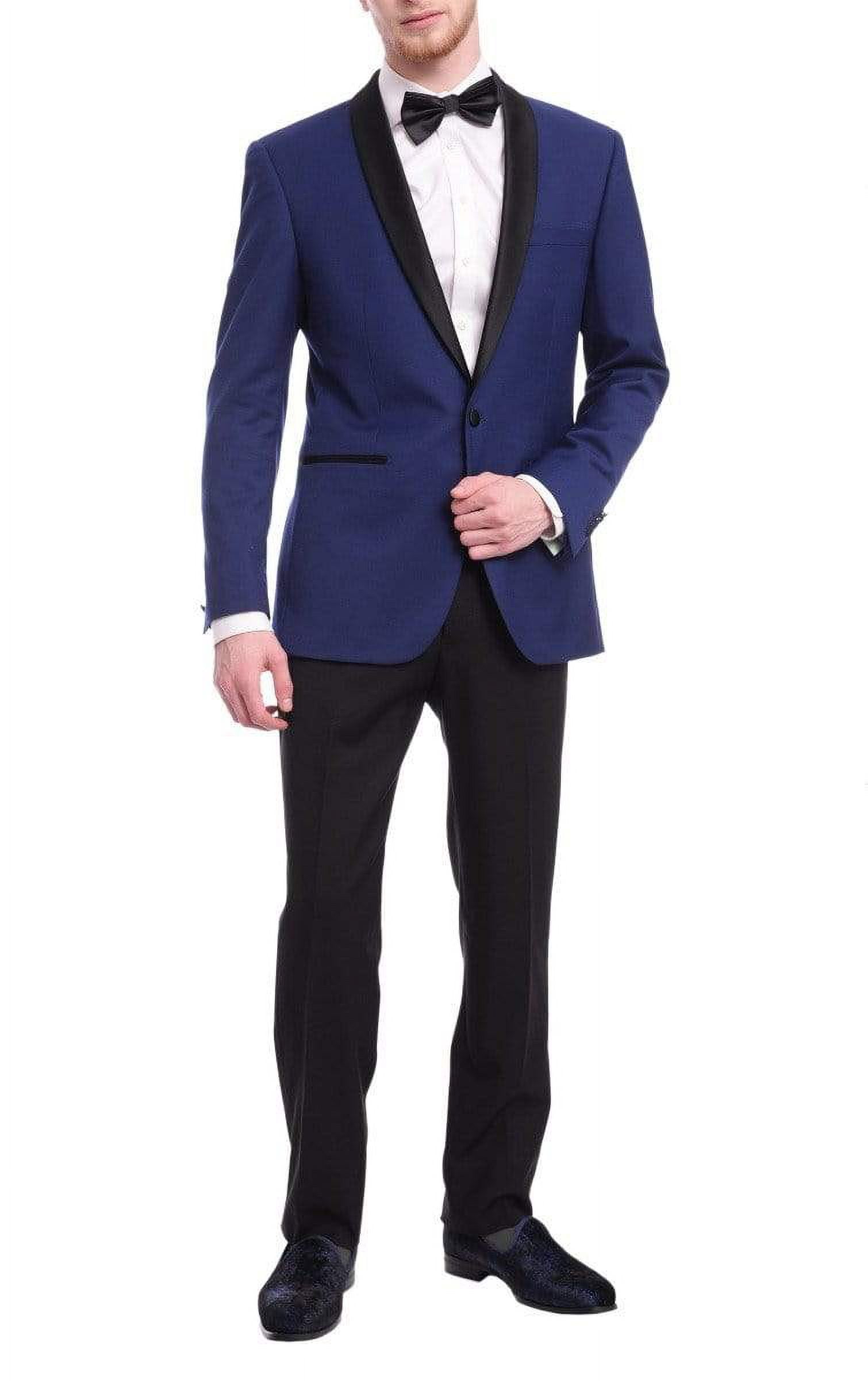 Men's Slim Fit 1 Button Shawl Lapel Tuxedo Jacket & Pants - Indigo Blue ...