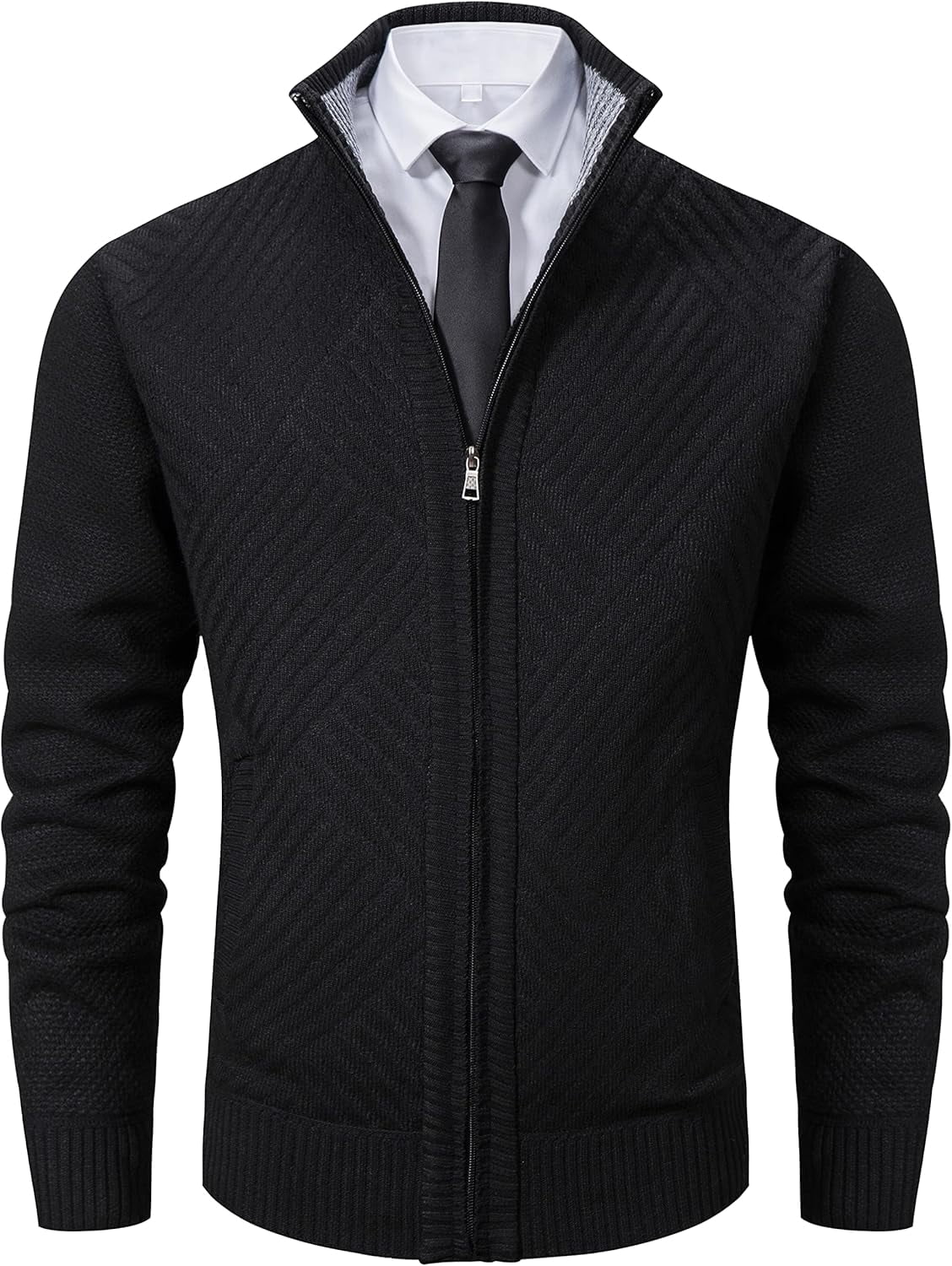 Men's Slim Fit Full Zip Up Stand Collar Casual Knitted Sweaters ...