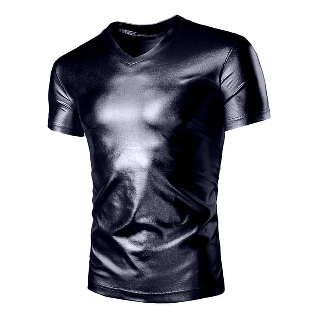 Men's Slim Fit Gilt Shiny Costume Short Sleeve T-Shirt Metallic Shiny ...