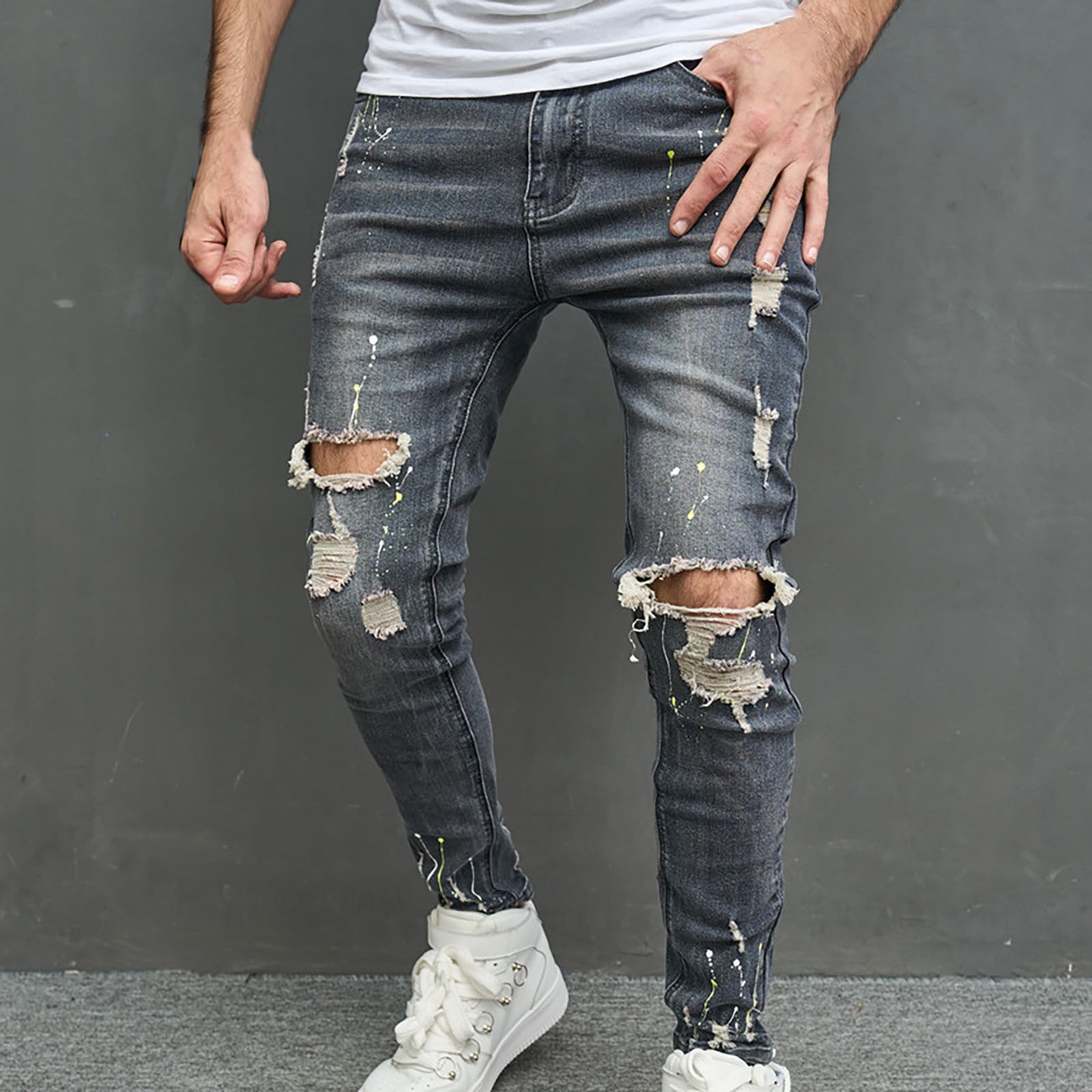 Men's Slim Fit Ripped Jeans Regular Fit Denim Pants with Holes Mens ...