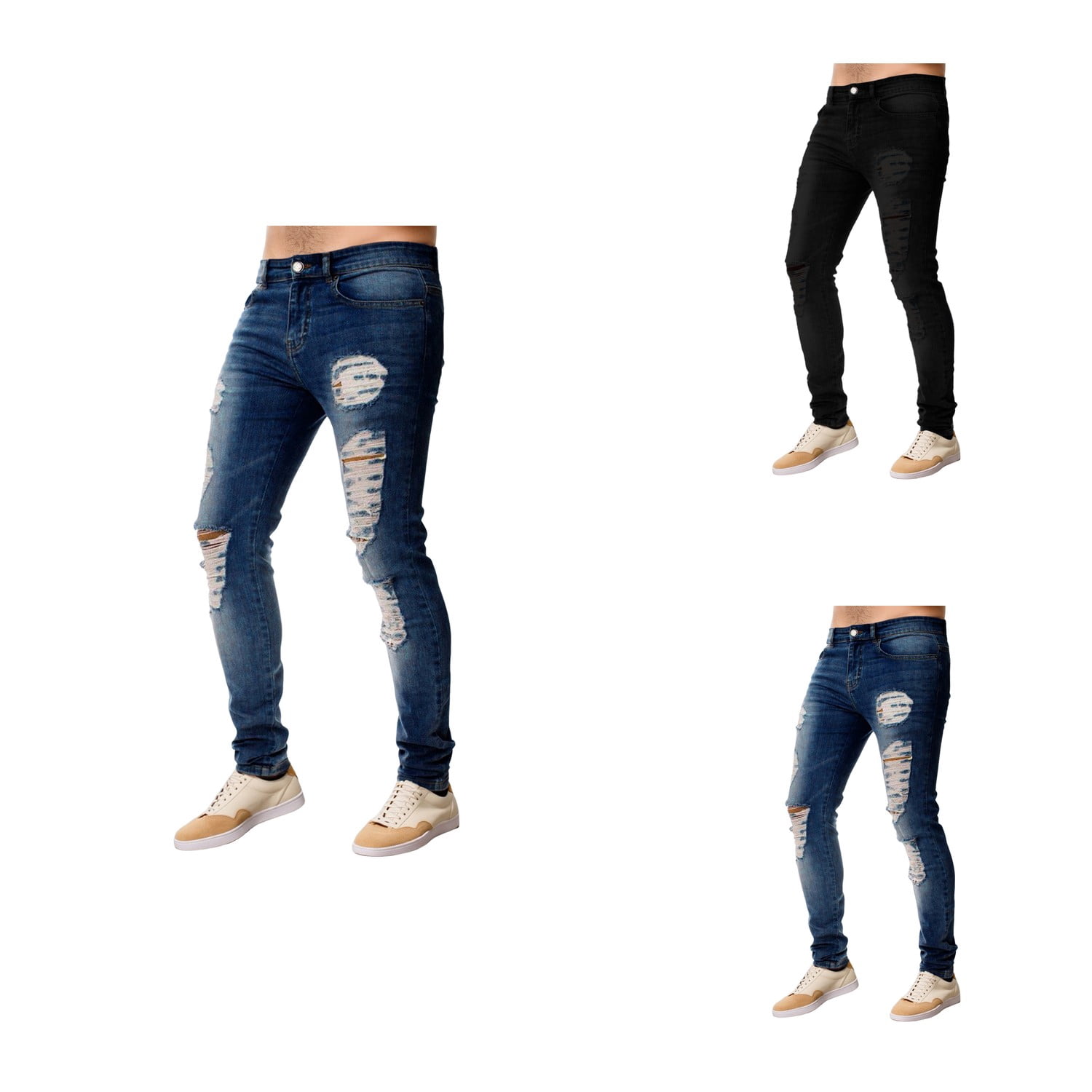 Men's Slim Fit Stretch Denim Jeans, Distressed Knee & Tapered Leg ...
