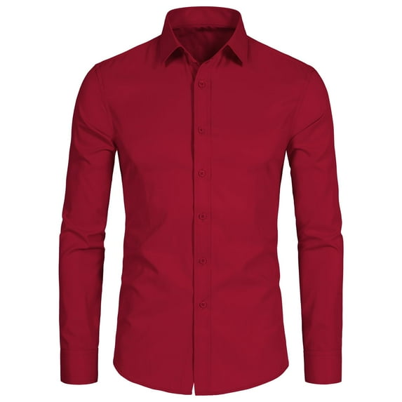 Men's Slim Fit Stretch Dress Shirt Solid Color Microelastic Long Sleeve ...