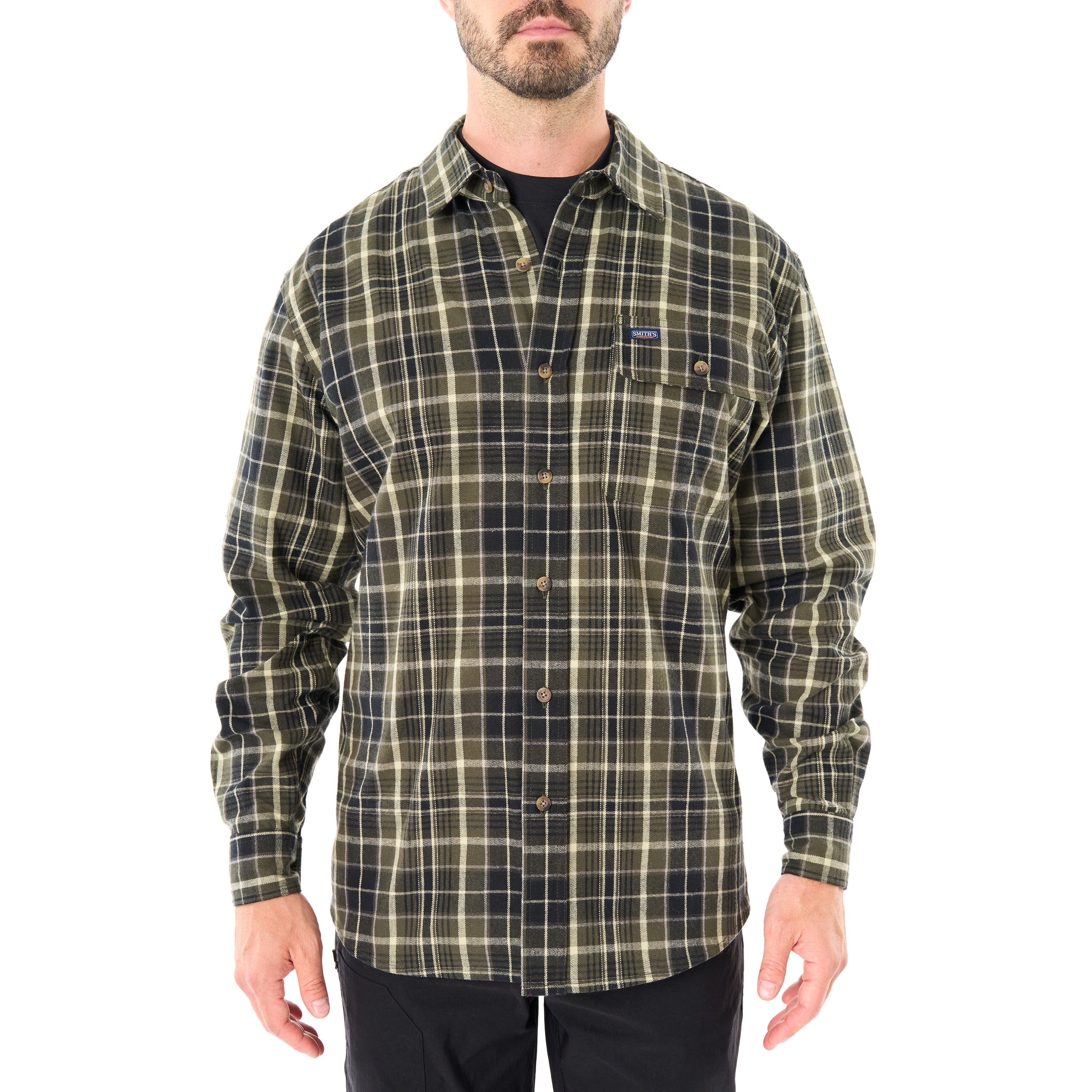 Men's Smith's Workwear Buffalo Plaid Flannel Button-Down Shirt Color: Olive Sage Black Size: M ...