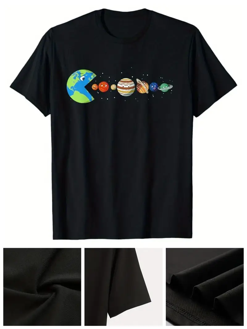 Men's Solar System Planets Print T-Shirt - Black Space Theme Casual ...