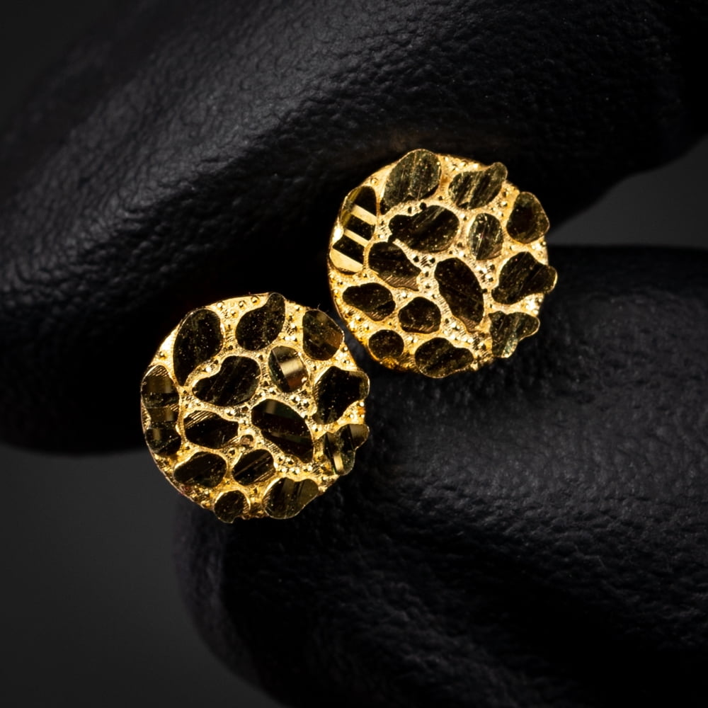 Men's Real 10K Yellow Gold Round Diamond Cut Nugget Stud Earrings with ...