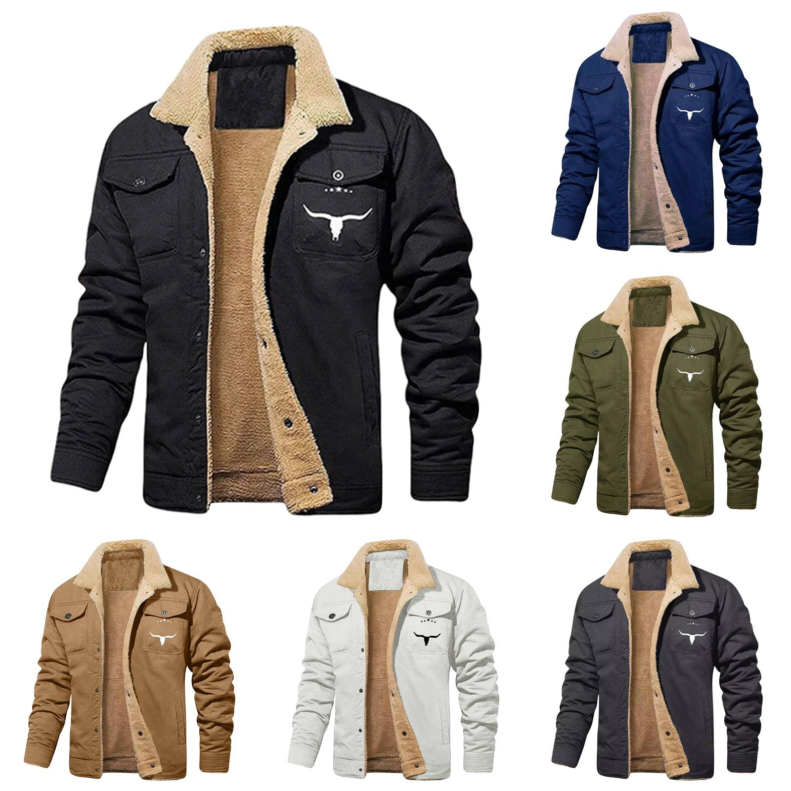 Men's Solid Color Button Pocket Work Jacket - Casual Plush Coat with ...