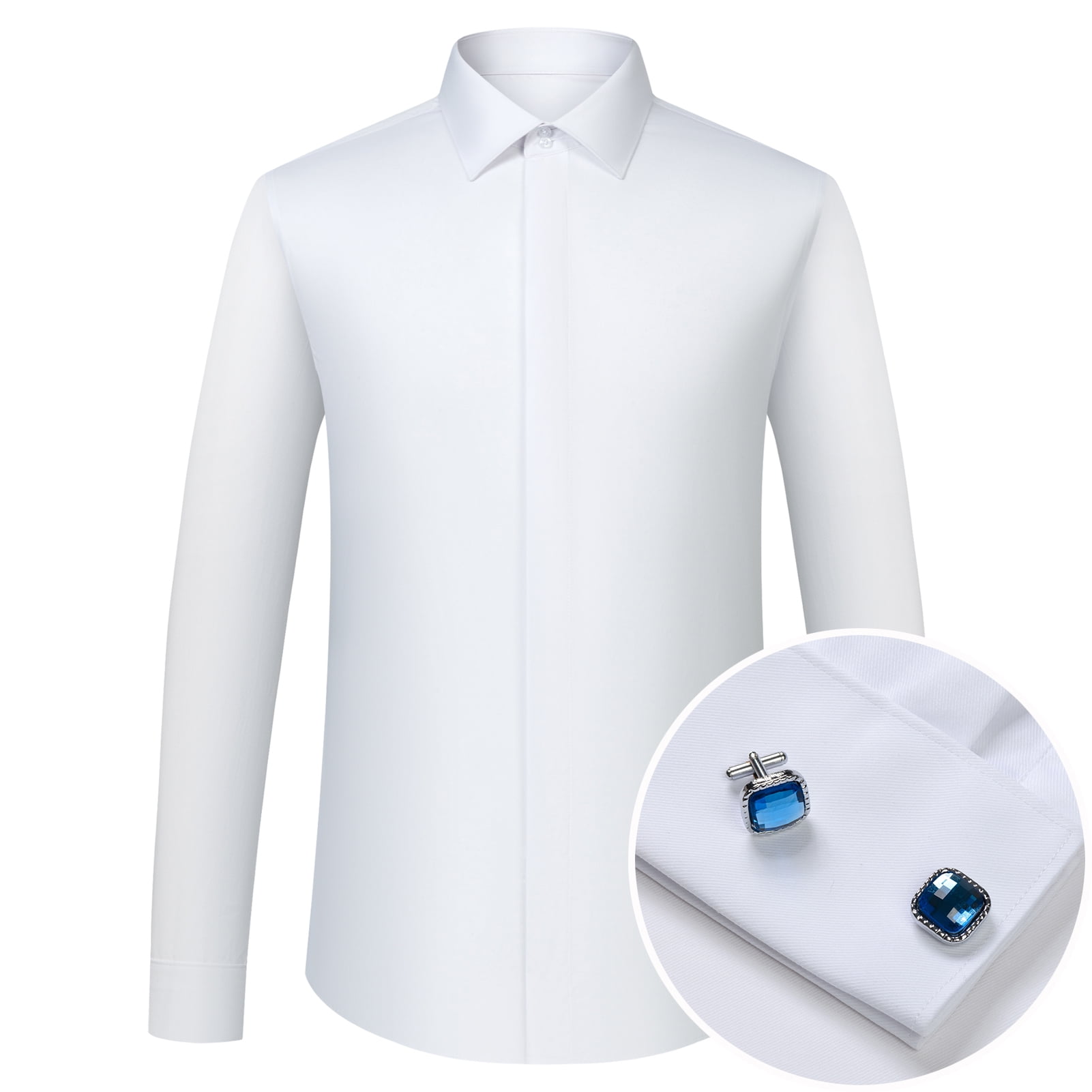 Men's Solid Color French Cuff Dress Shirt with Blue Gemstone Cufflinks ...