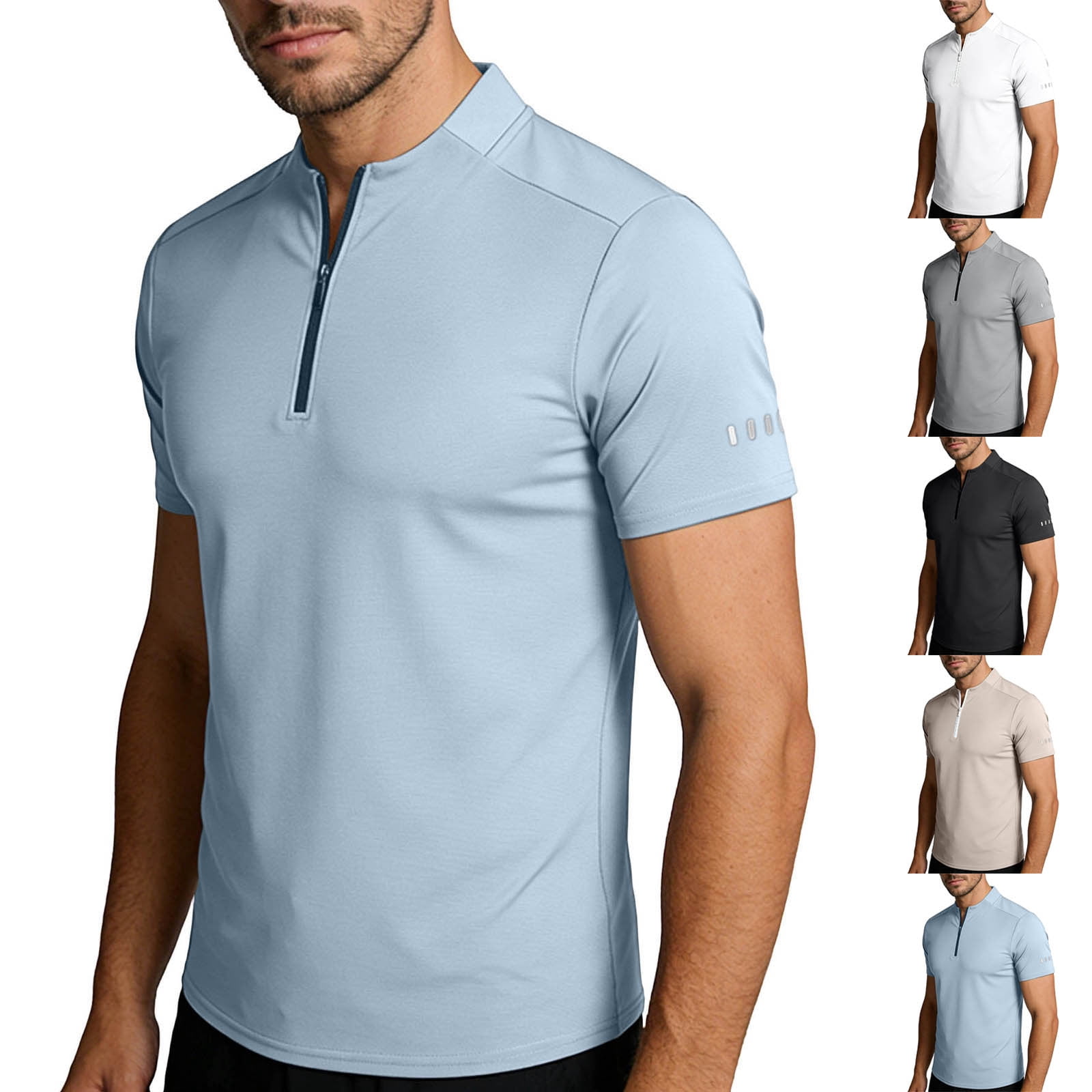 Men's Solid Color Short Sleeve Top Stand Up Collar Zipper Quick Dry ...