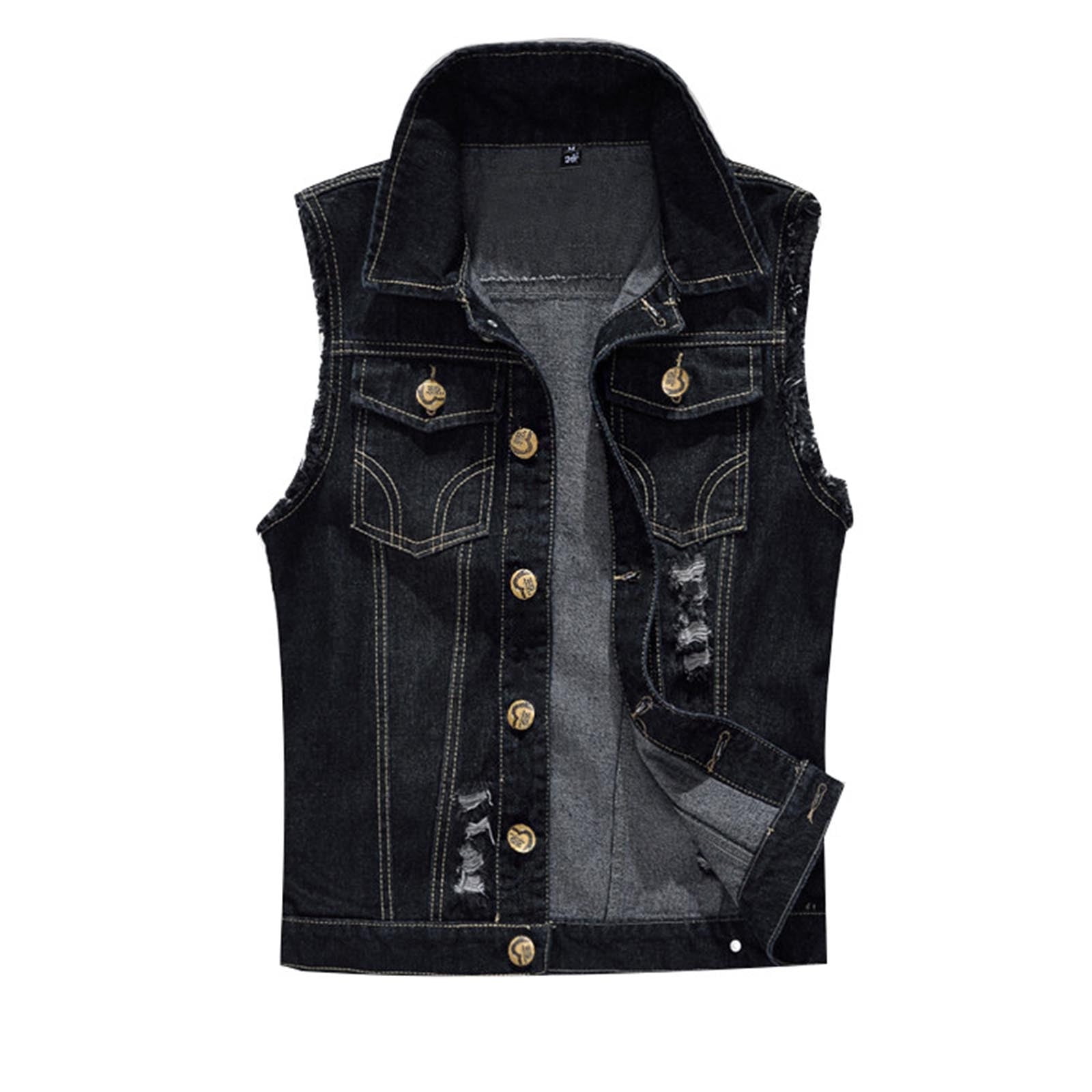 Men's Solid Color Sleeveless Frayed Lapel Denim Jacket Punk Denim Vest ...