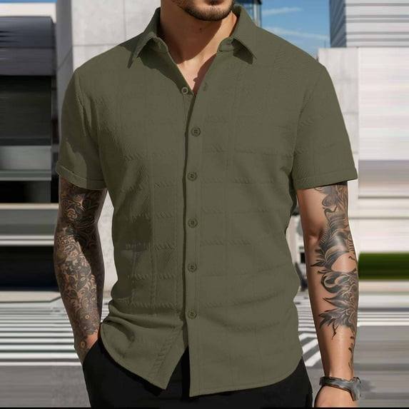 Men's Sport Shirt Solid Color Jacquard Collar Short Sleeve Button Front ...