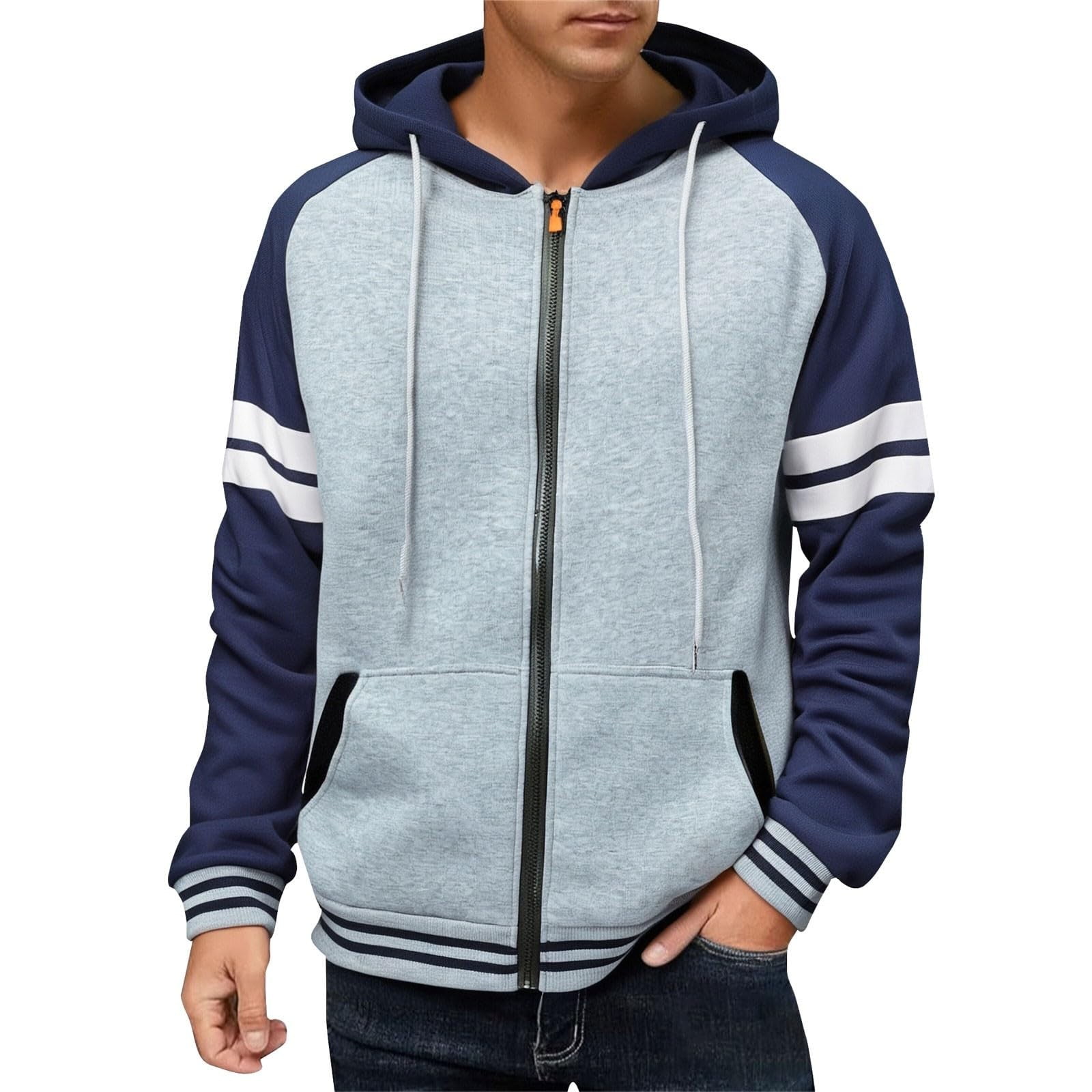 Men's Full-Zip Hoodie - Striped Color Block Casual Hooded Sweatshirt ...