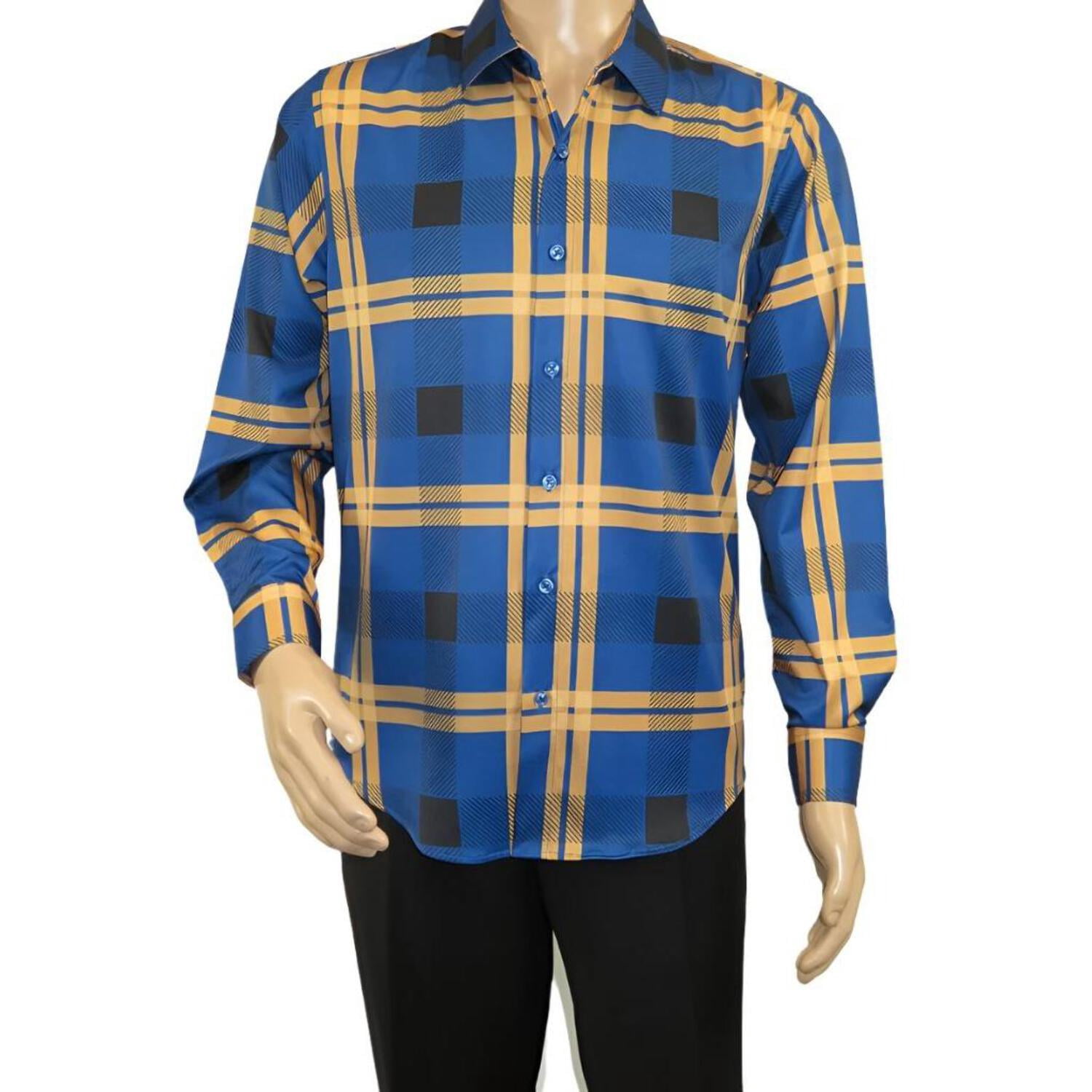 Men's Sports Shirt By Moderno Plaid Fancy Silky Long Sleeves MJLS-810 ...
