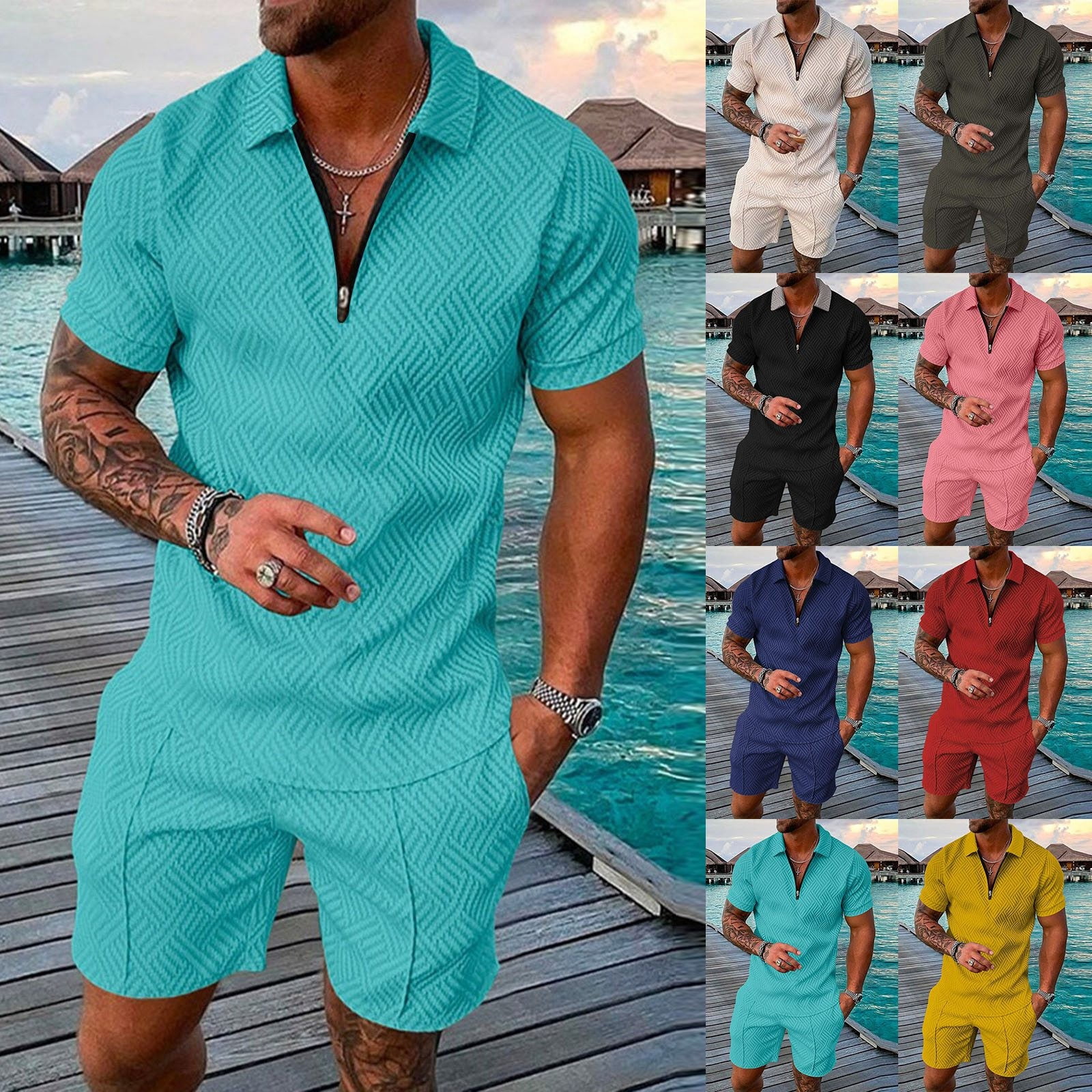 Men's Spring Summer 2-Piece Tracksuit, Short Sleeve Polo Shirt and ...
