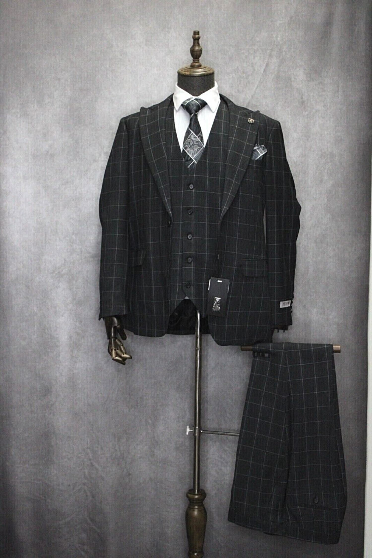 Men's Stacy Adams Hybrid 3PC Charcoal and White Check Formal Suit ...