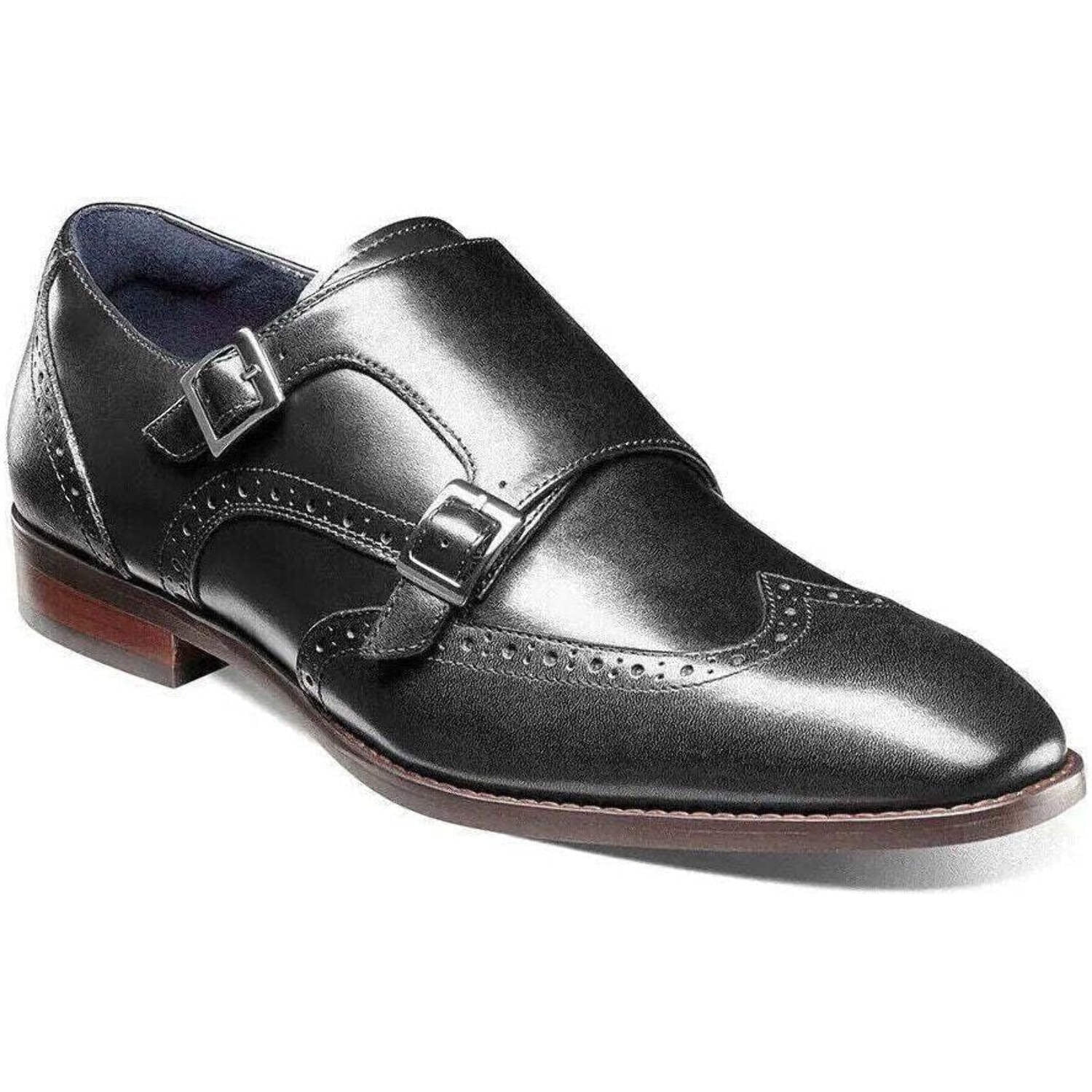 Men's Stacy Adams Karson Wingtip Double Monk Strap Shoes Leather Black ...