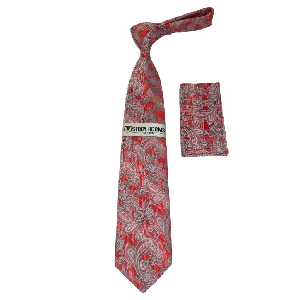 Men's Stacy Adams Tie and Hankie Set Woven Silky #St407 Red Paisley ...