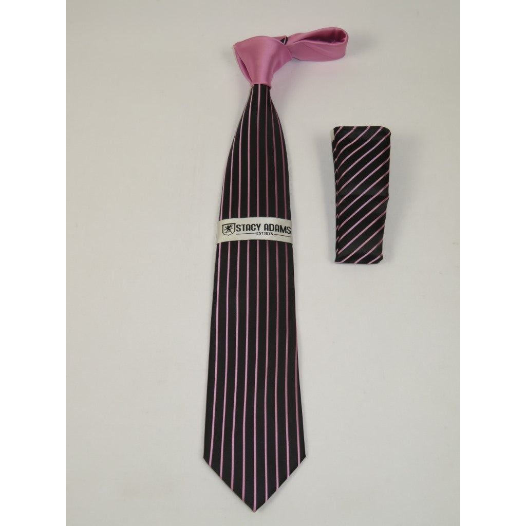 Men's Stacy Adams Tie and Hankie Set Woven Silky #Stacy32 Pink Stripe ...