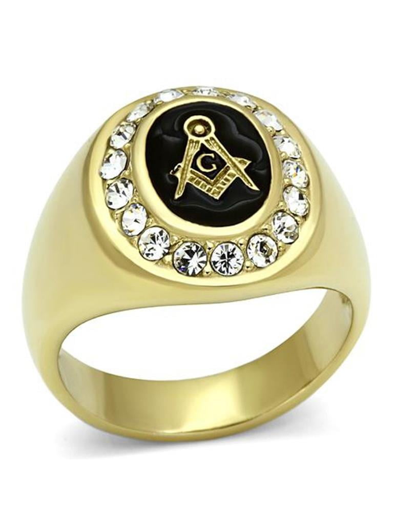 Men's Stainless Steel 14K Gold I.P. Crystal Masonic Freemason Ring Band ...