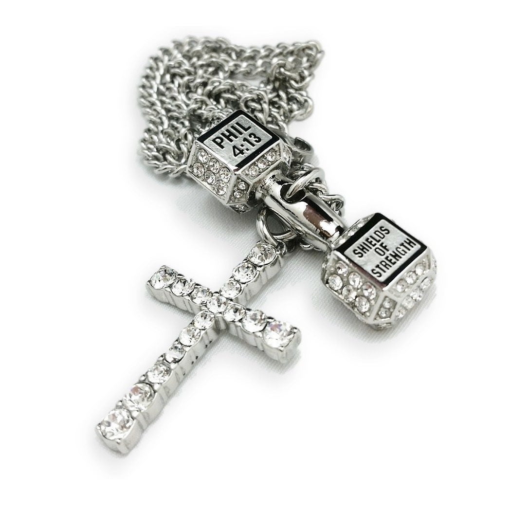 Men's Stainless Steel Crystal Cross Dumbbell Combo Necklace Isaiah 46:4 ...