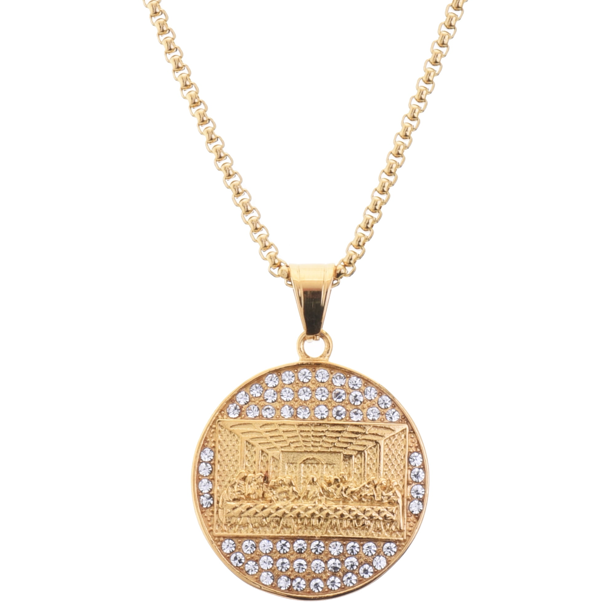 Men's Stainless Steel Iced CZ Last Supper Medallion Pendant, 24" Box ...