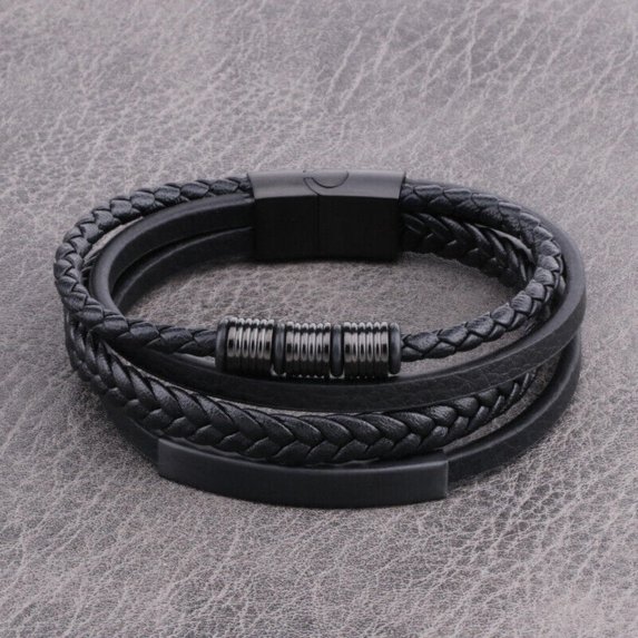 Men's Stainless Steel Leather Bracelet Multilayer Braided Cuff Magnetic ...