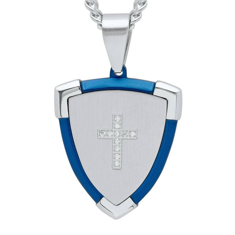 Free Shipping Men s Stainless Steel Two Tone Cubic Zirconia Guardian Cross Shield Pendant Necklace Chain Walmart