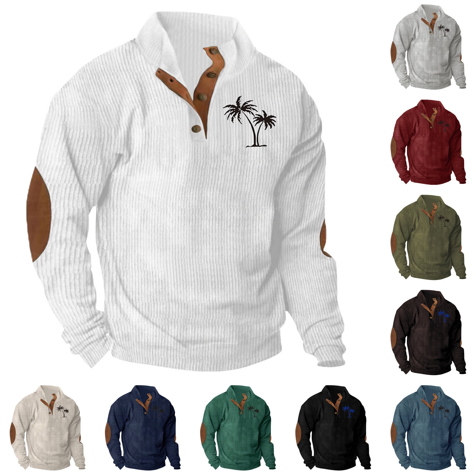 Men's Stand Collar Sweatshirt, Coconut Tree Print Outdoor Casual Button ...