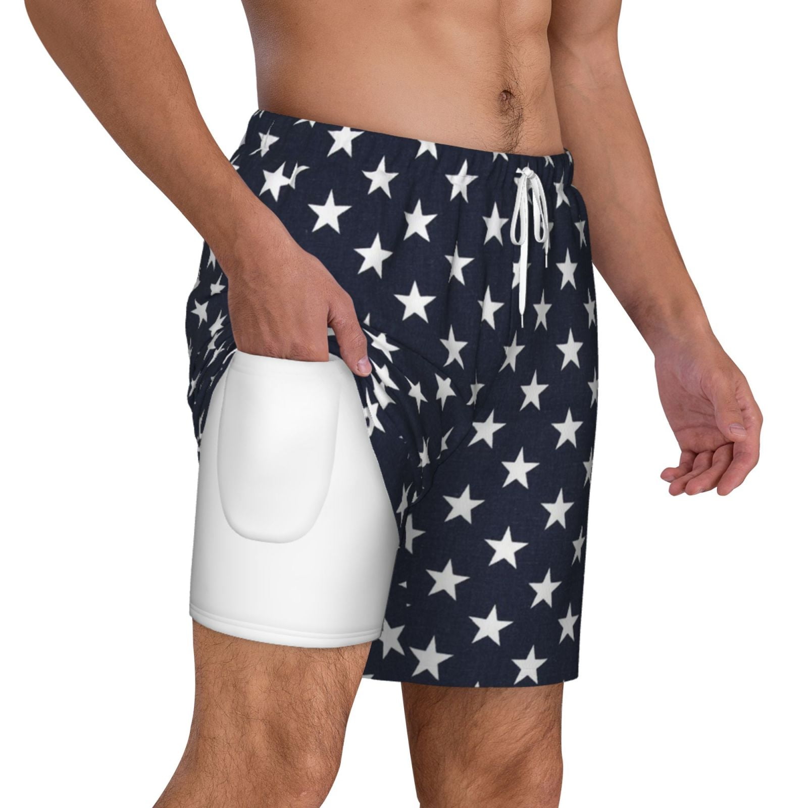 Men's Stars Navy Blue White Swim Trunks with Compression Liner Bathing ...