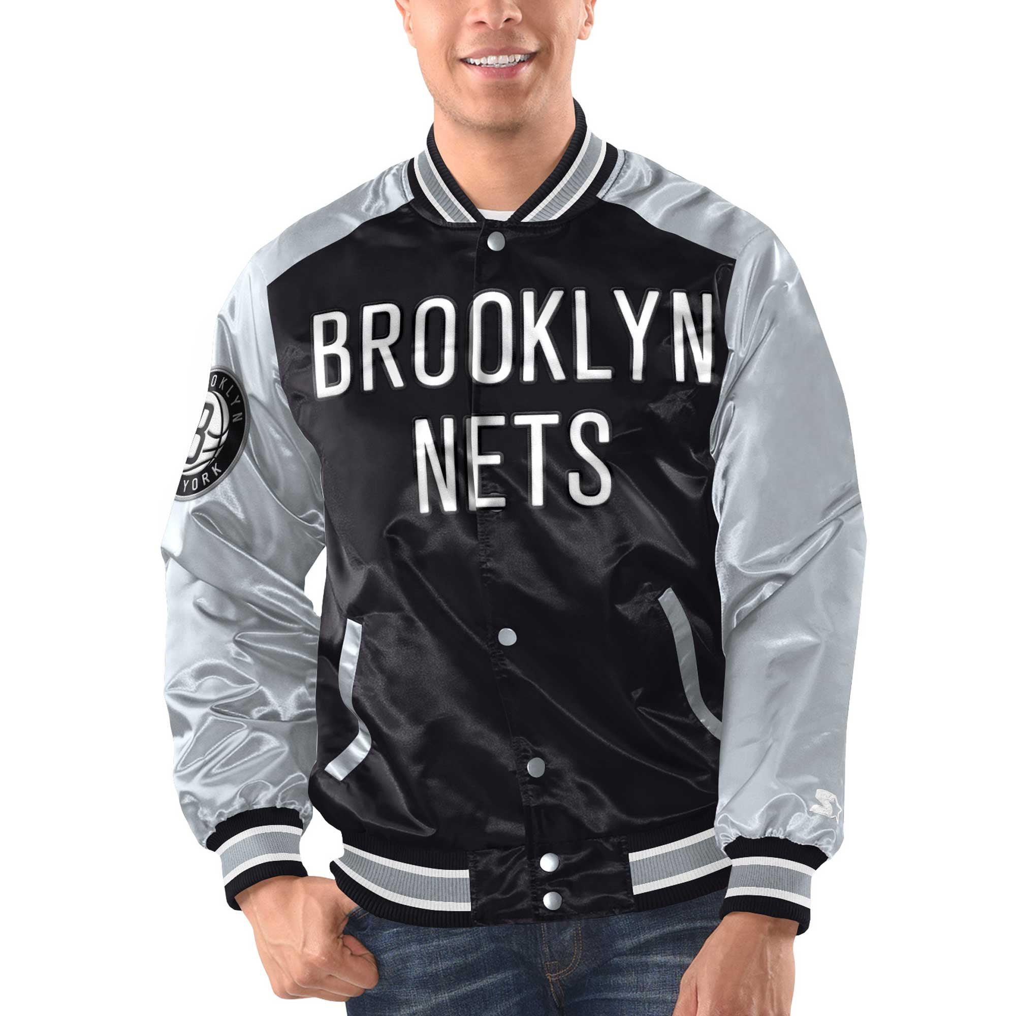 Men's Starter Black/Silver Brooklyn Nets Renegade Satin Full-Snap ...