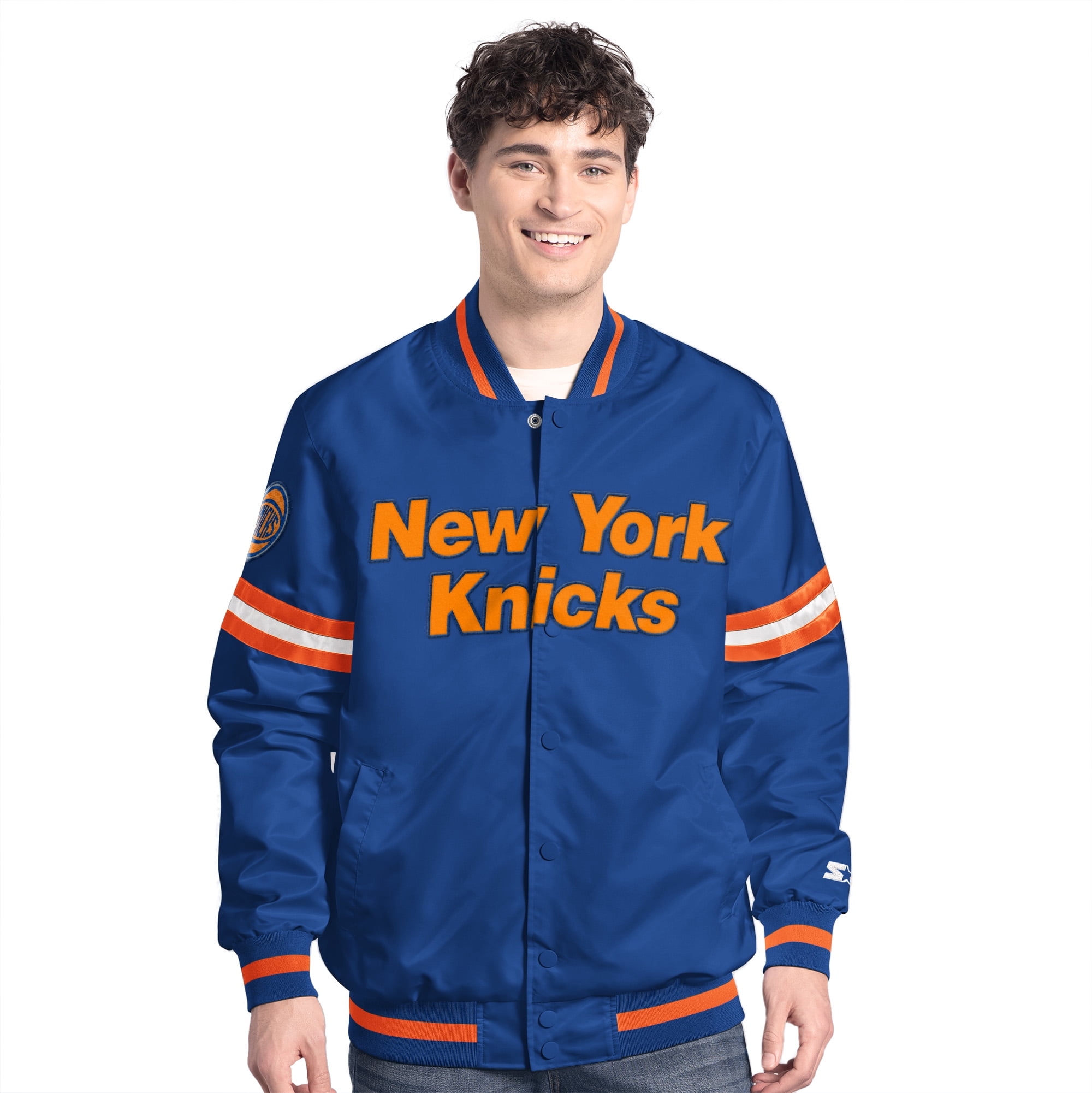 Men's Starter Blue/Orange New York Knicks Scout Full Snap Varsity ...