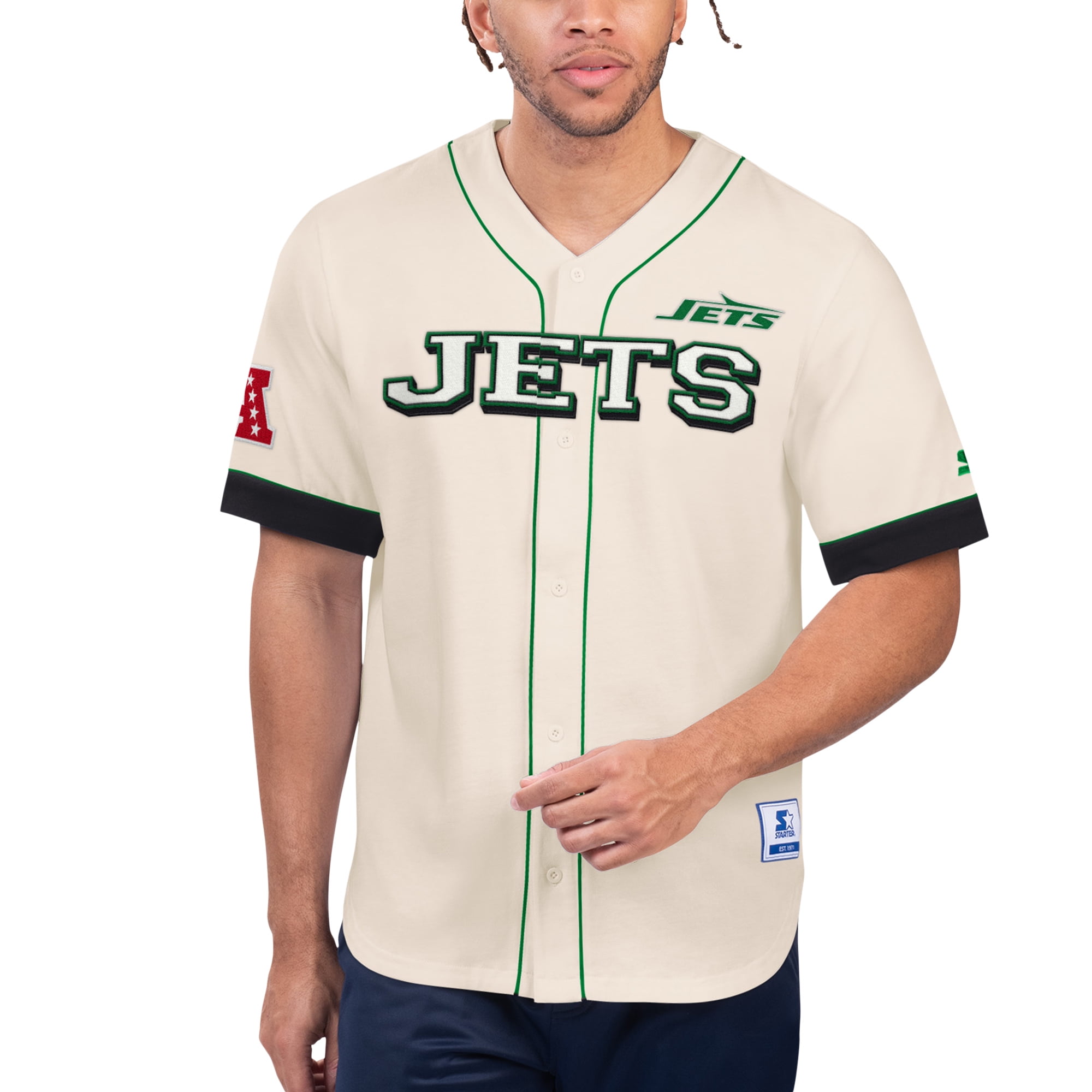 Men's Starter Cream New York Jets Relay Vintage Full-Button Baseball ...