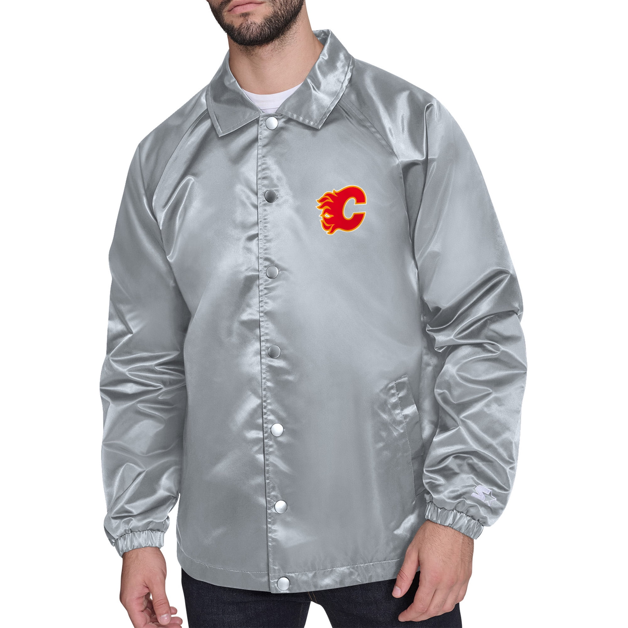Men's Starter Gray Calgary Flames Retro Logo Raglan Coaches Full-Snap ...