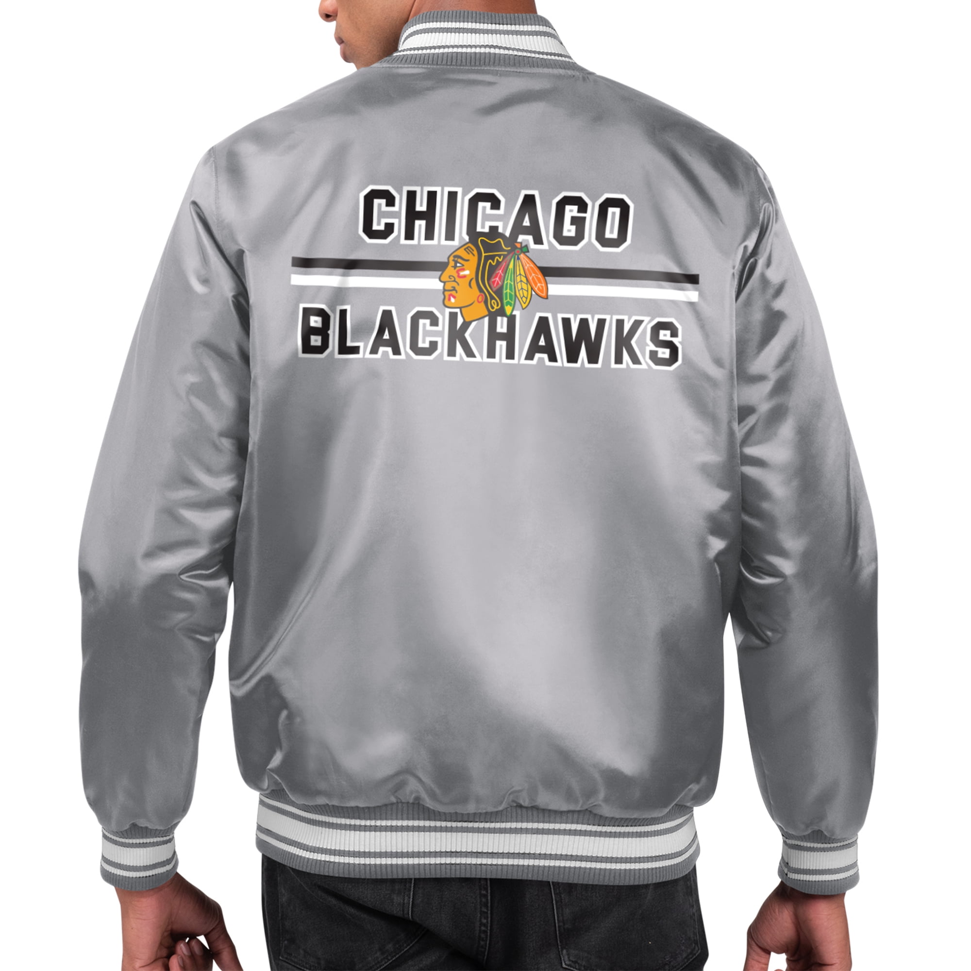 Men's Starter Gray Chicago Blackhawks Printed Team Logo Satin Varsity ...